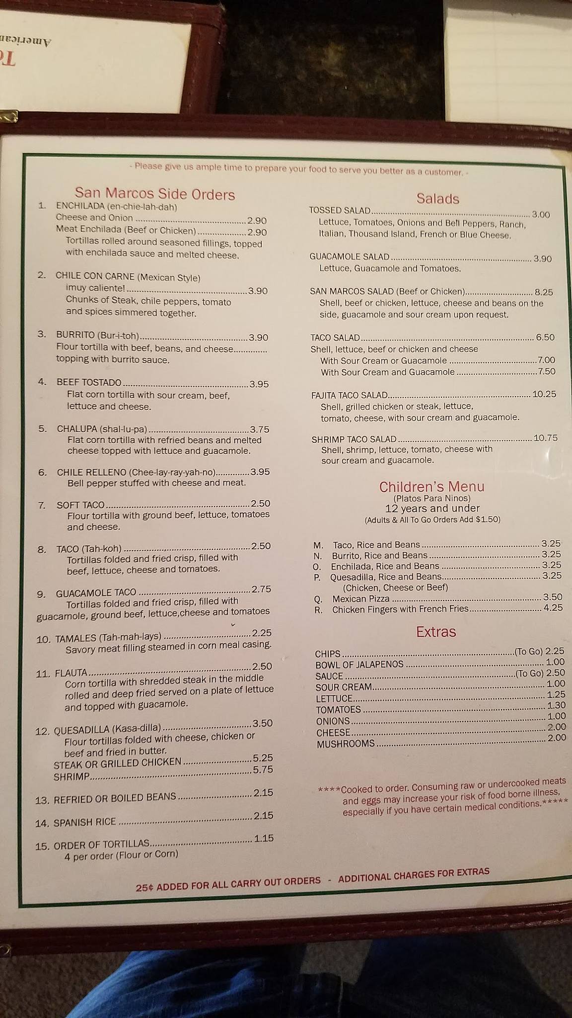 Menu at San Marcos Mexican Restaurant, Valley