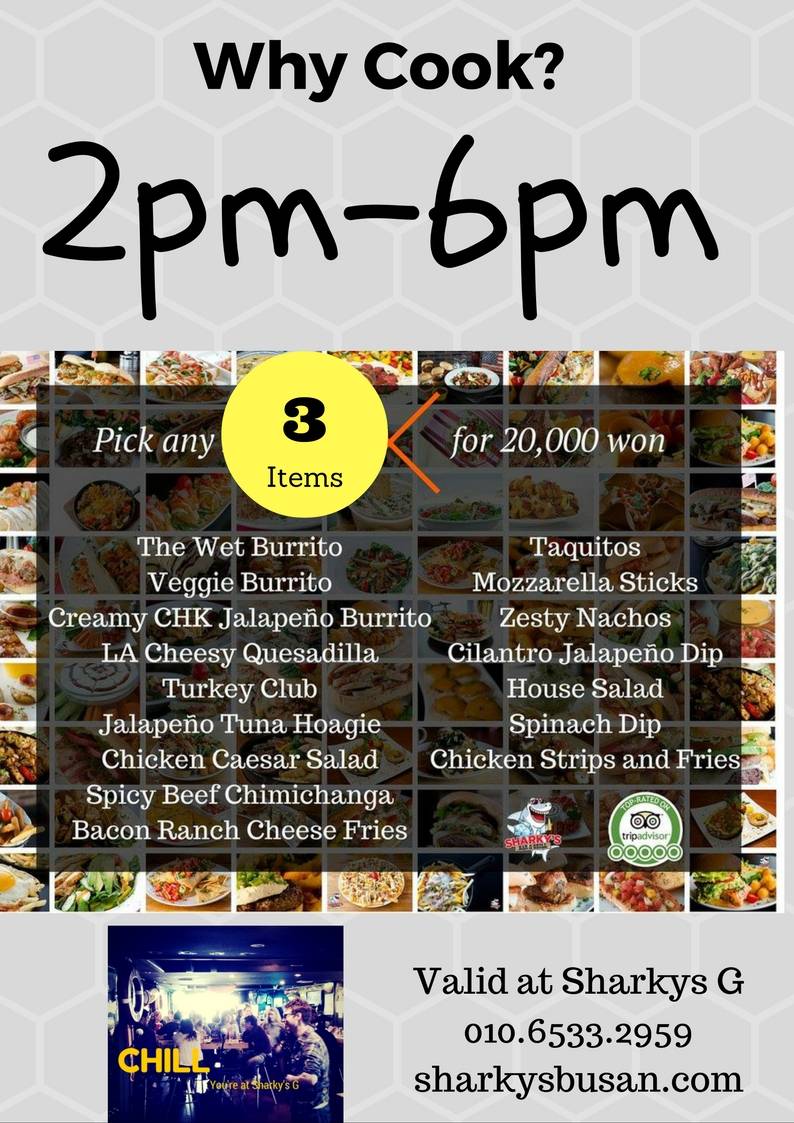 Menu at Sharky's Bar and Grill - Haeundae Strip, Busan