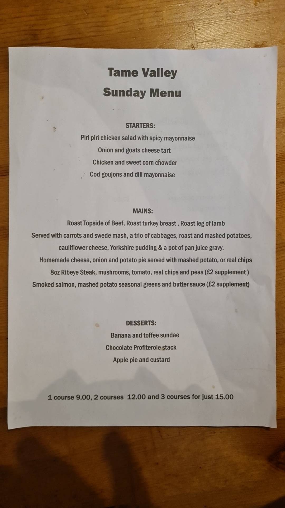 Menu at Tame Valley Hotel pub & bar, Dukinfield