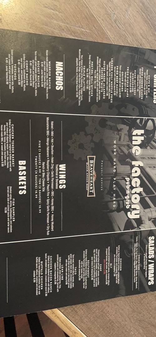 Menu at The Factory Pub 'n' Grub, Sterling