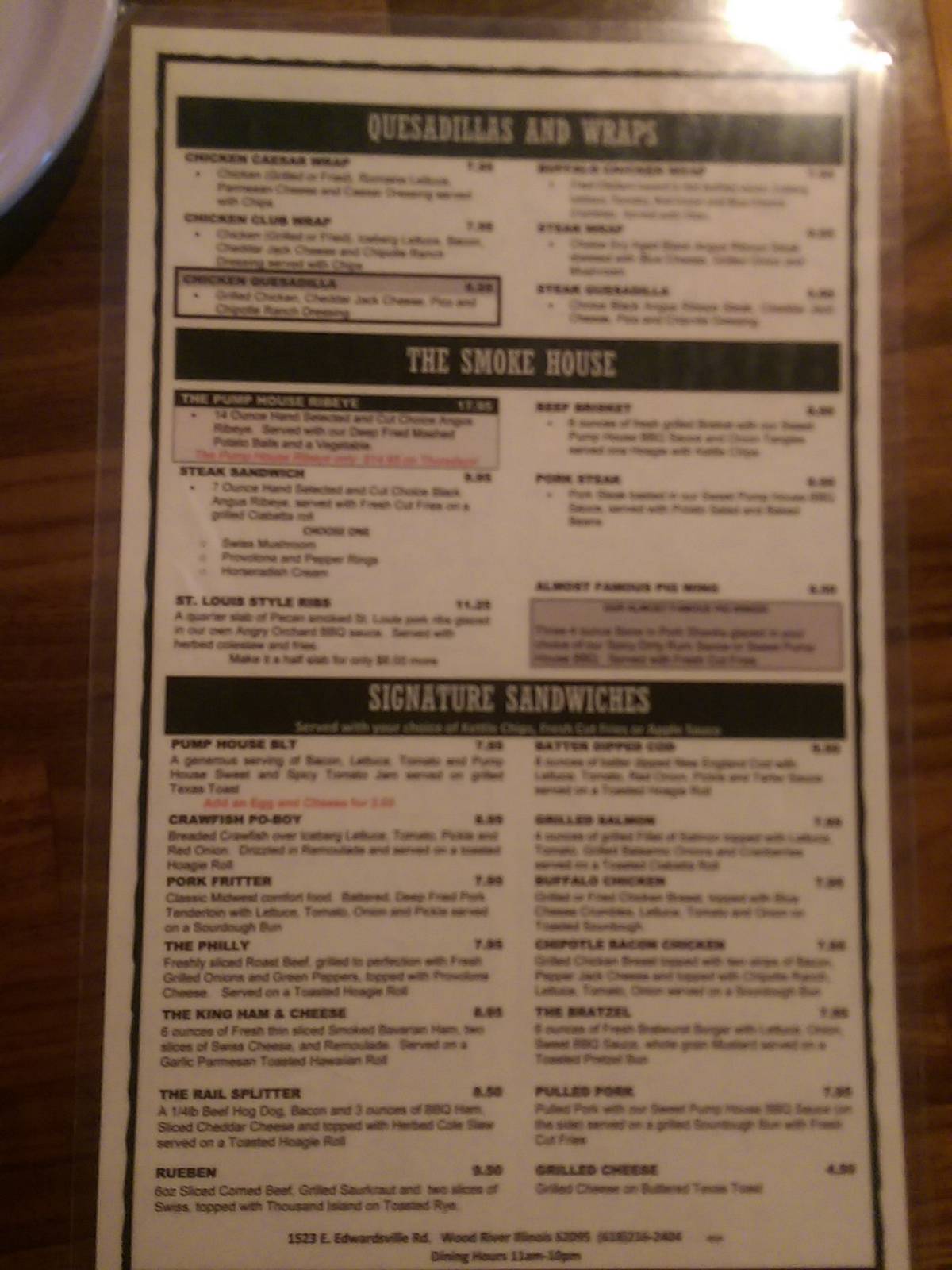 Menu at The Pump House Bar & Grill, Wood River