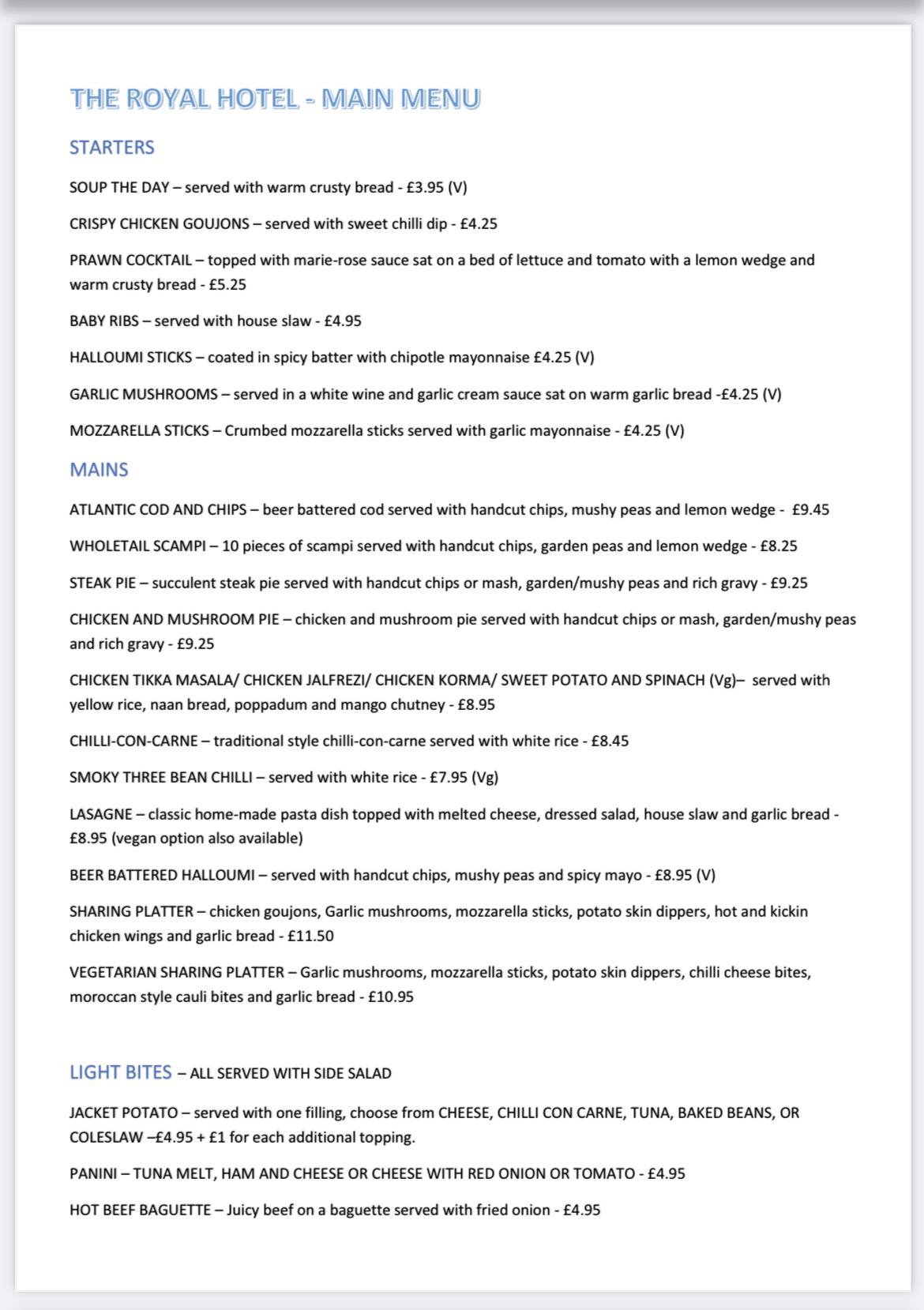 Menu at The Royal Hotel pub & bar, Askern, W End Rd