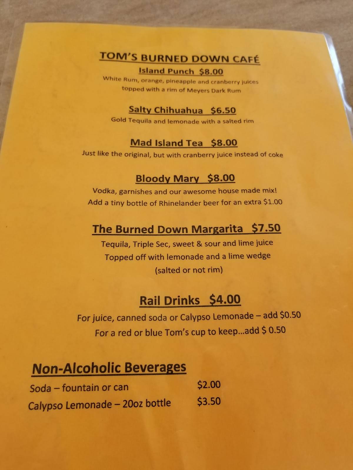 Menu at Tom's Burned Down Cafe, La Pointe