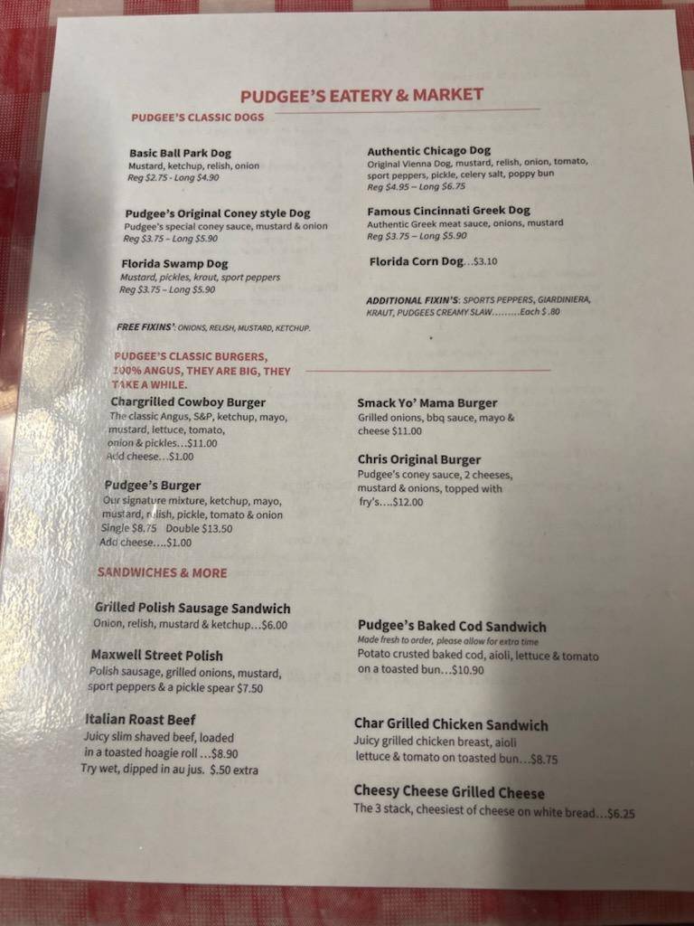 Menu at Pudgee's Eatery and Market restaurant, Floral City