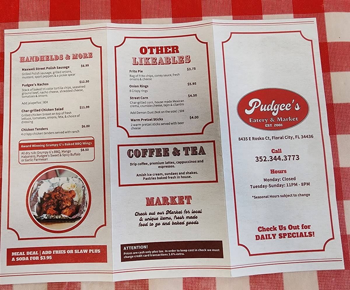 Menu at Pudgee's Eatery and Market restaurant, Floral City