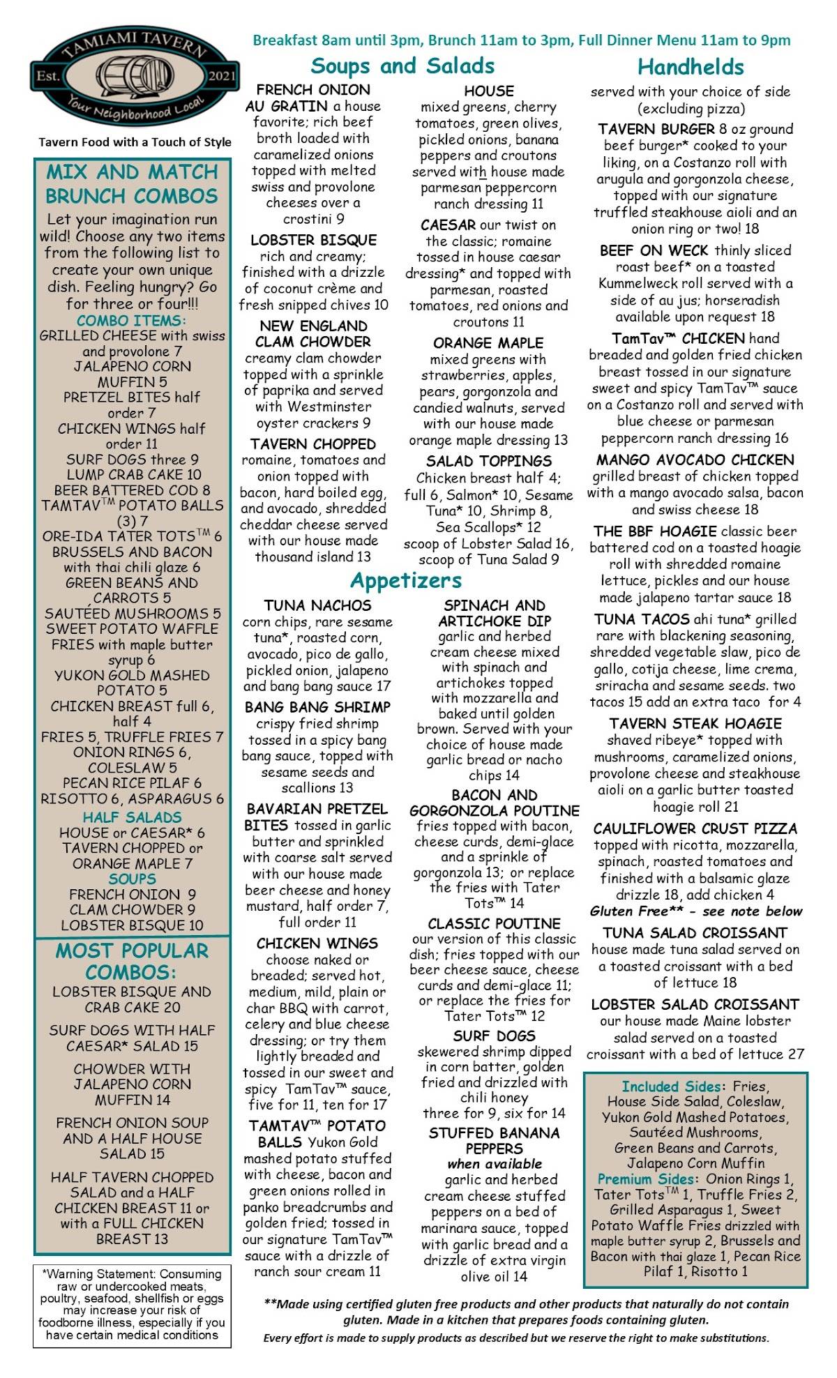 Menu at Tamiami Tavern restaurant, Punta Gorda