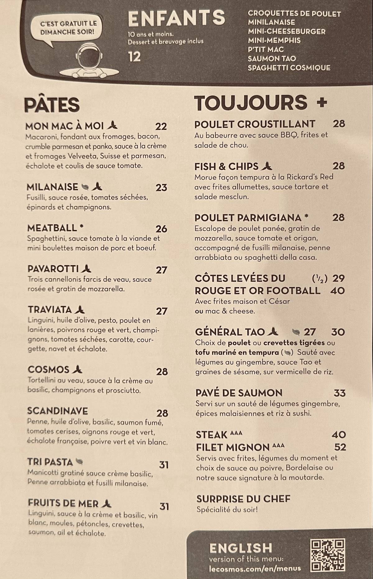 Menu au Cosmos Ste-Foy restaurant, Québec, Bd Laurier