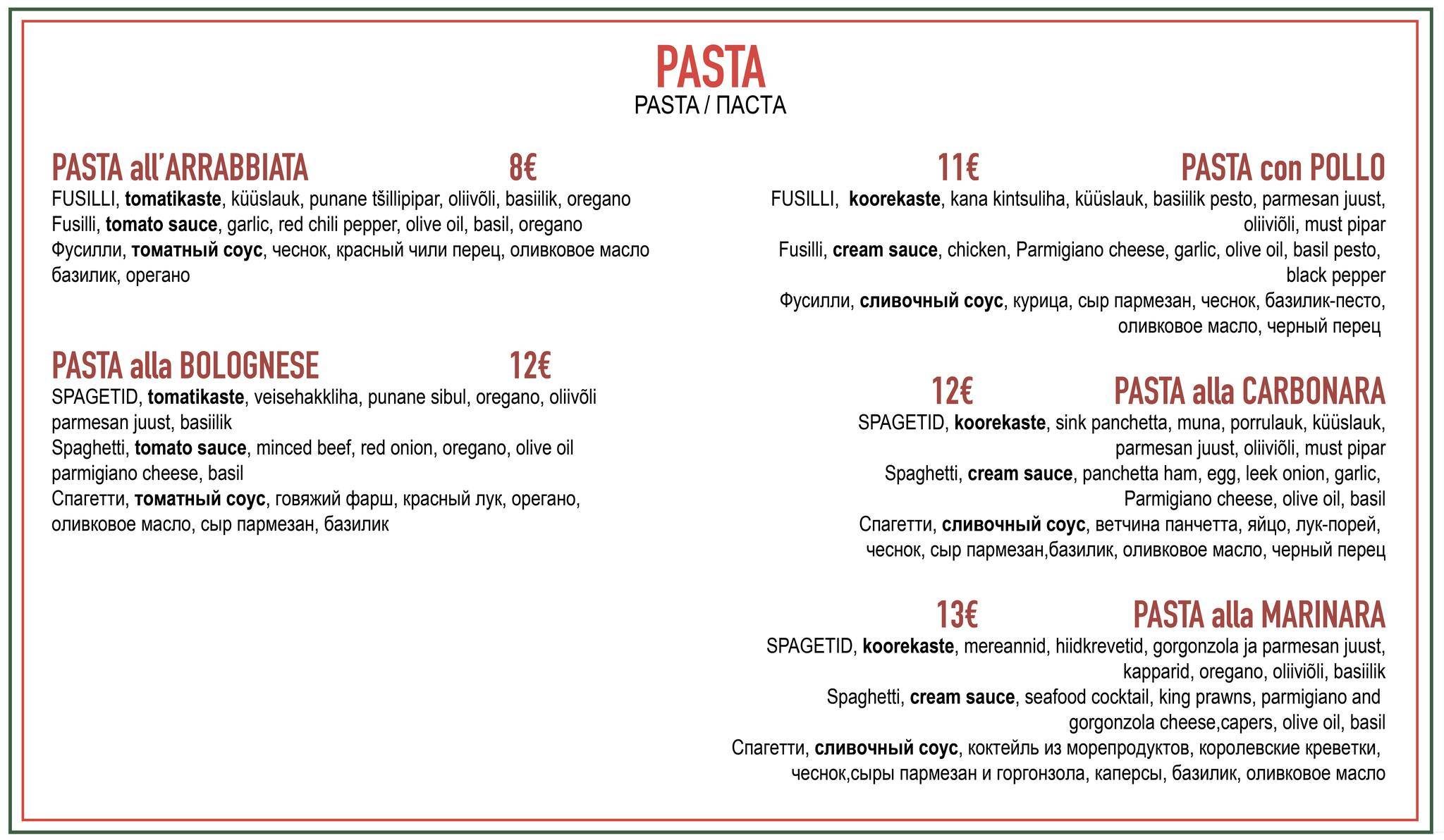 Menu at Raasiku Pizza pizzeria, Estonia