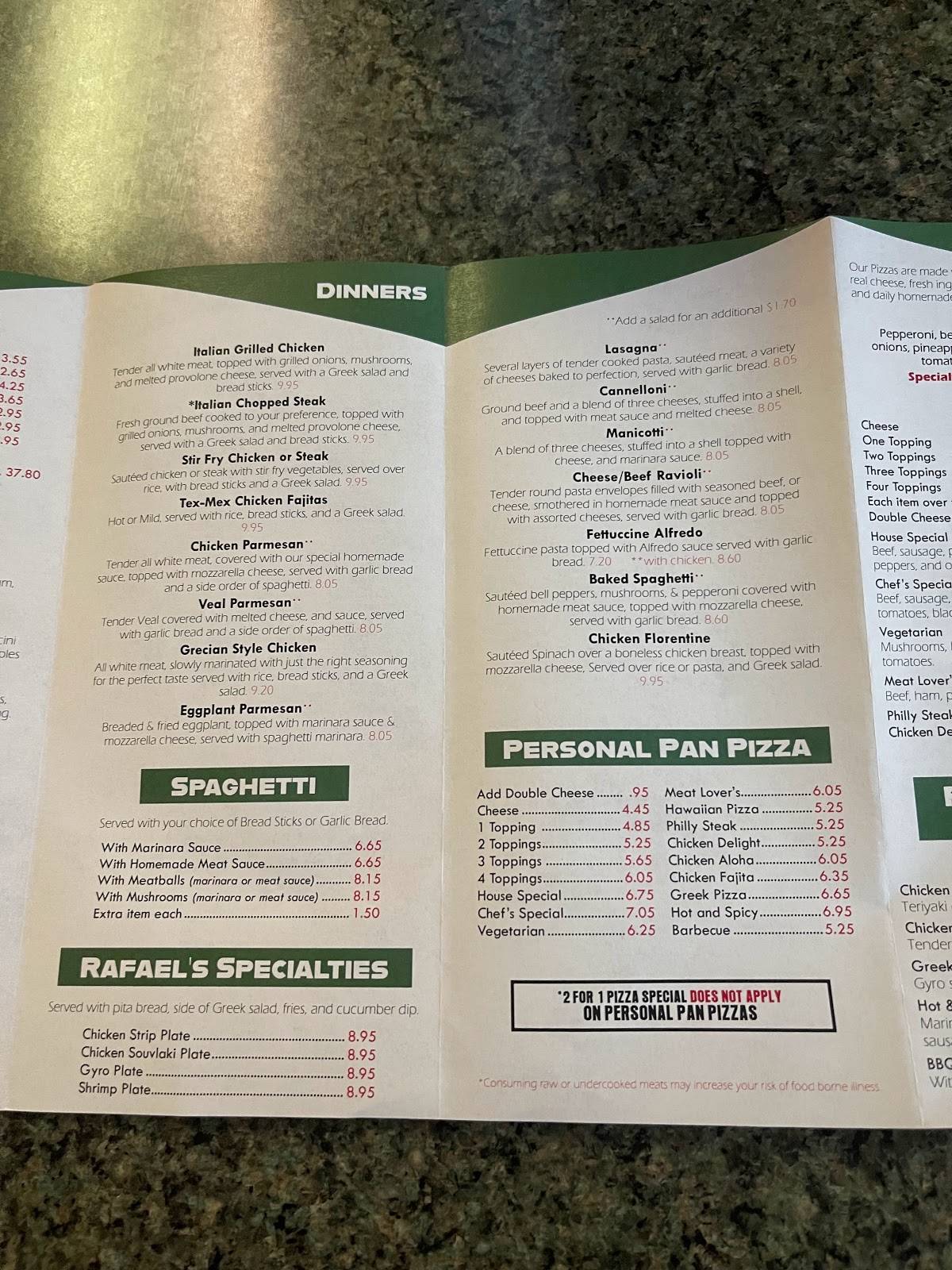 Menu at Rafael's Italian Restaurant, Fayetteville