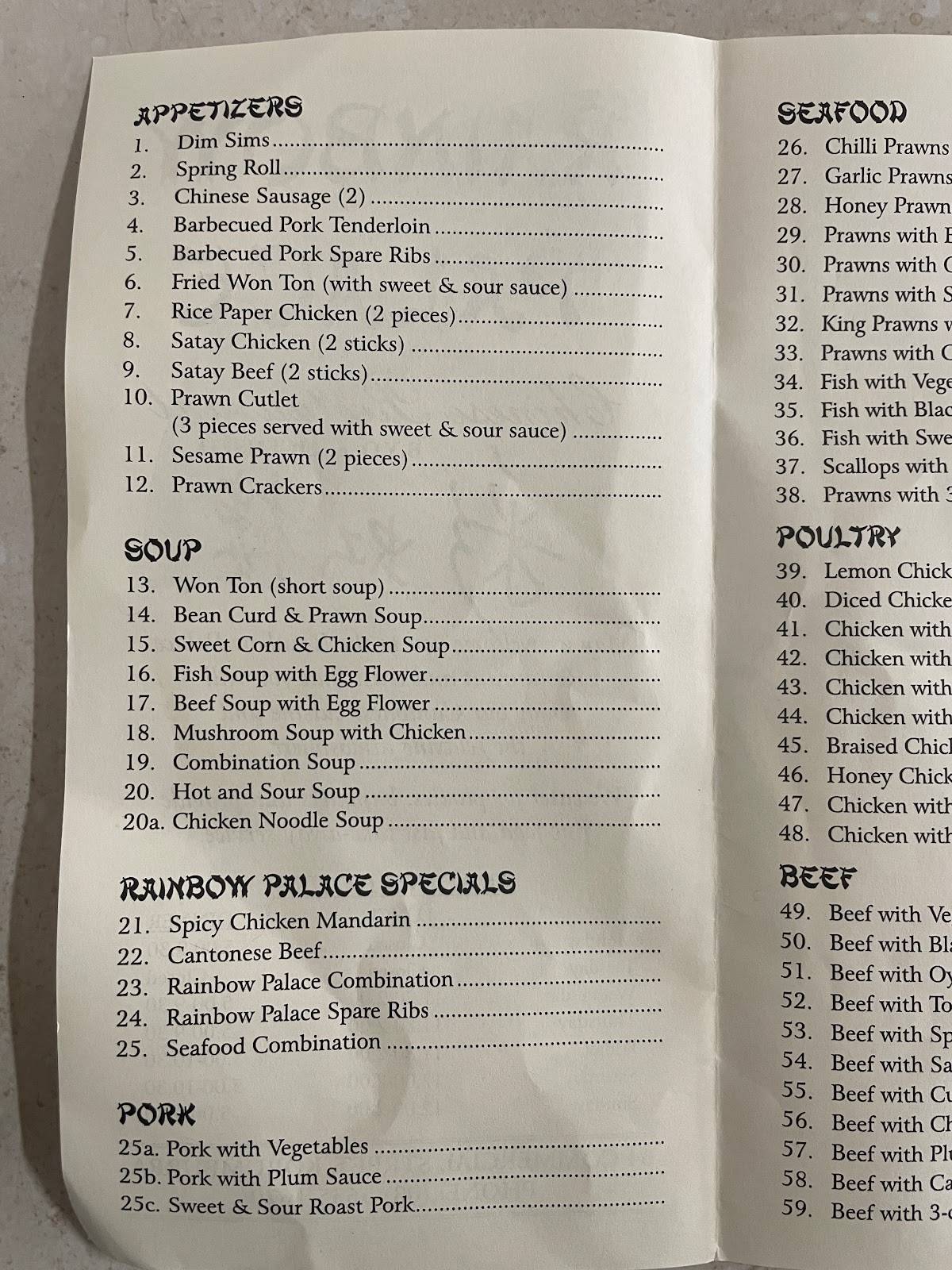 Menu at Rainbow Palace Chinese Restaurant, Korumburra
