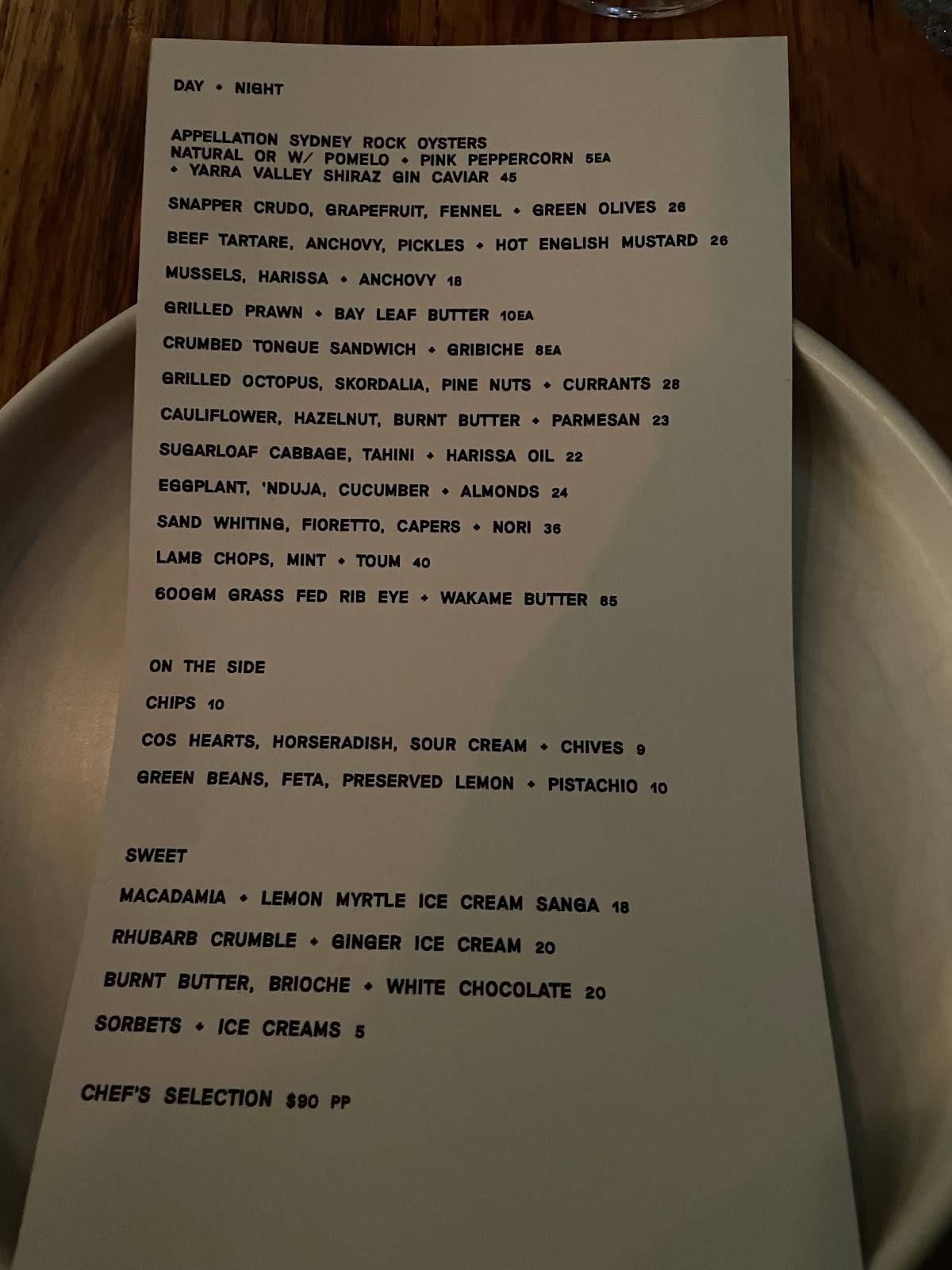 Menu at Rebel Rebel restaurant, Canberra