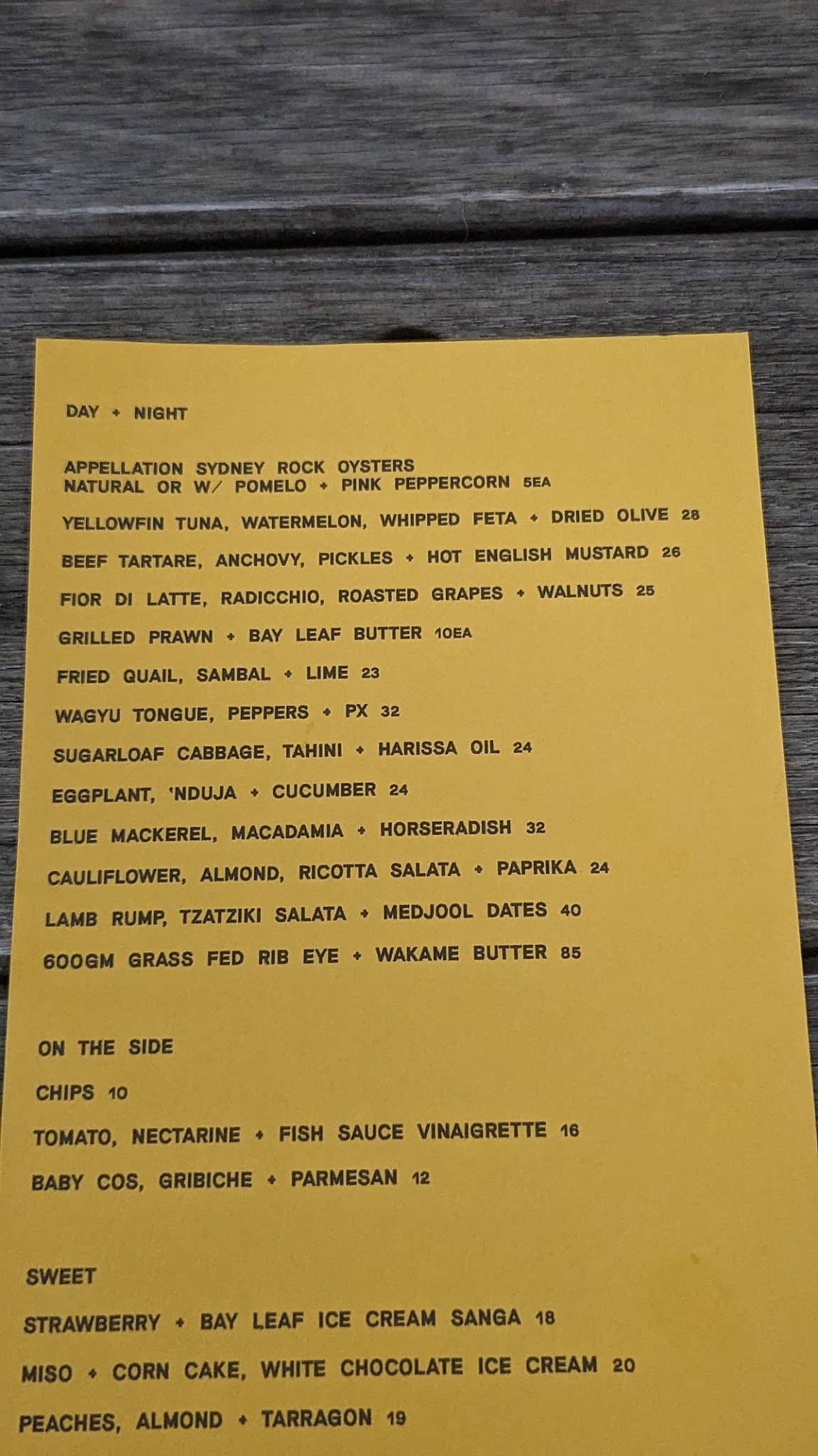 Menu at Rebel Rebel restaurant, Canberra