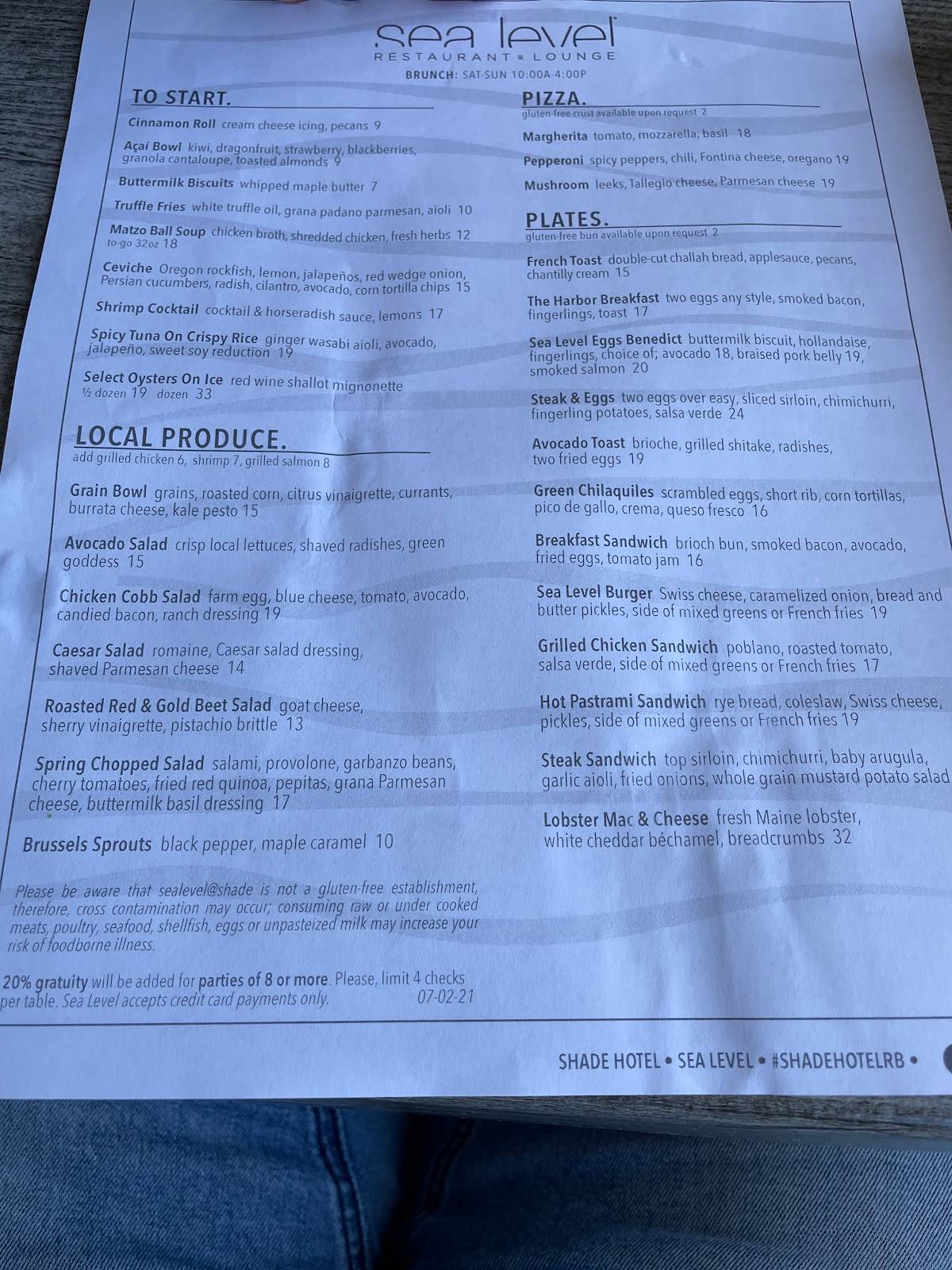 Menu at Sea Level Restaurant and Lounge, Redondo Beach