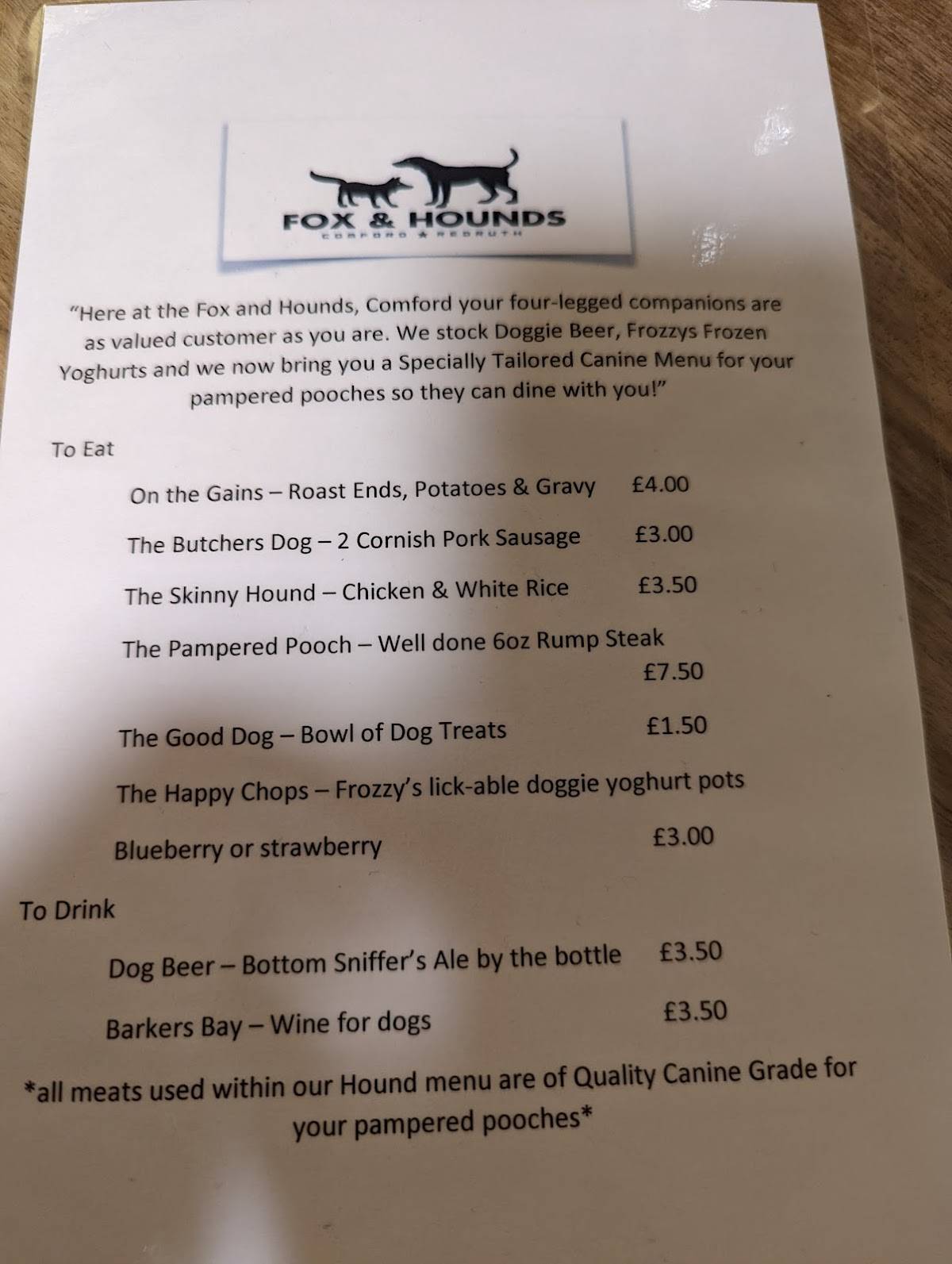 Menu at The Fox & Hounds Comford restaurant, Redruth