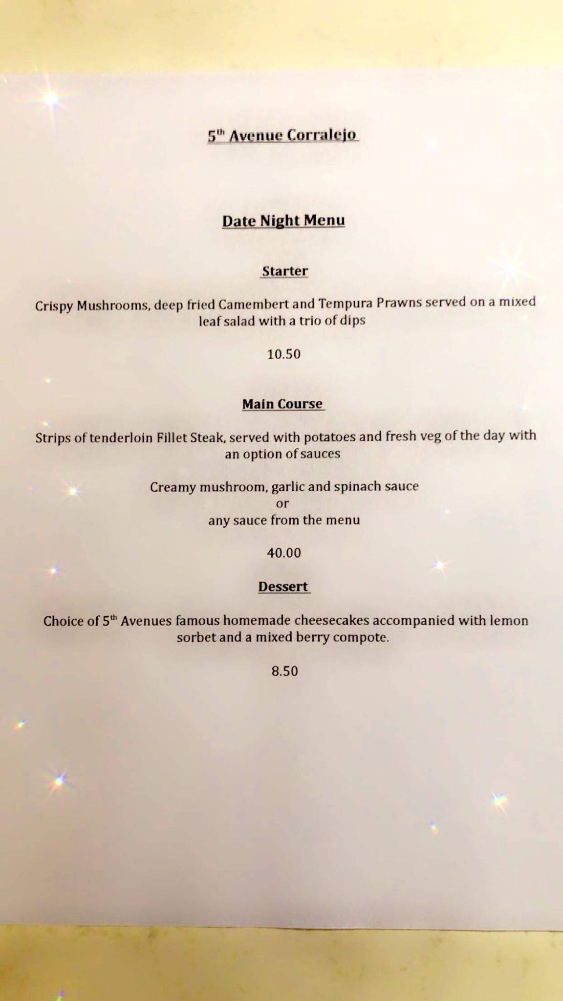 Menu at 5th avenue restaurant, Corralejo