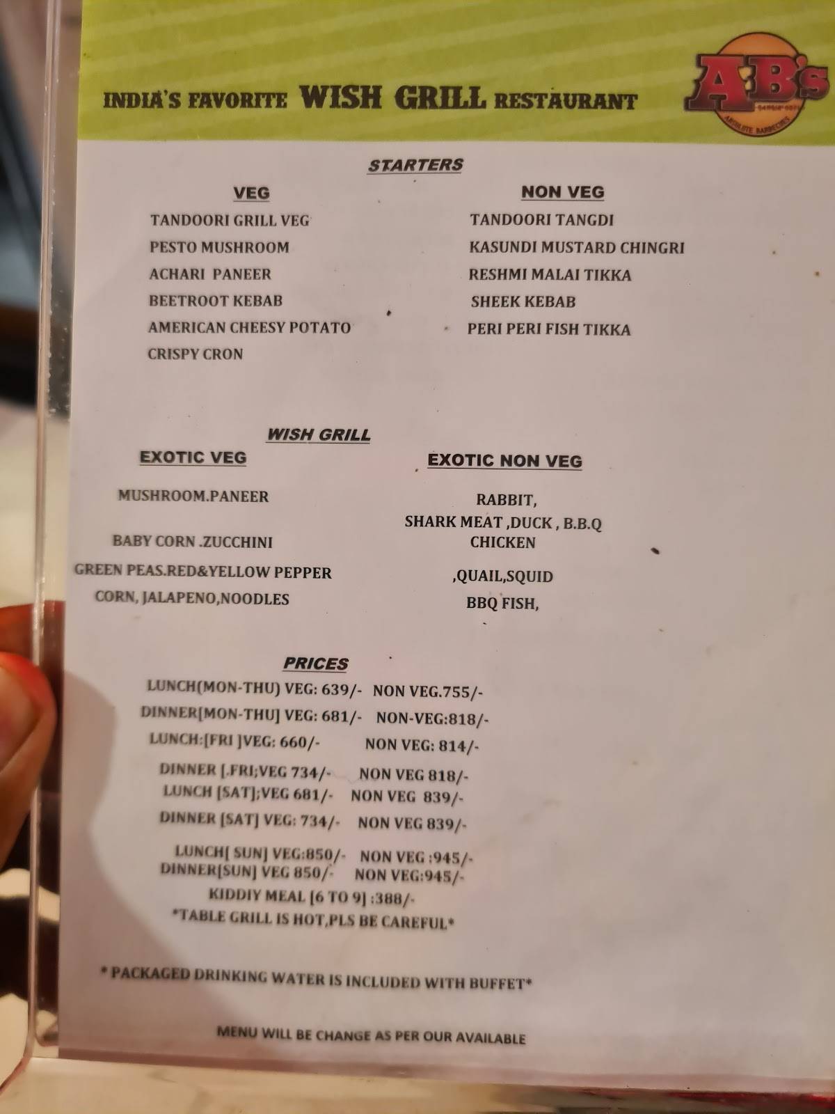 Menu at AB's - Absolute Barbecues Avani Mall, Kolkata, Howrah