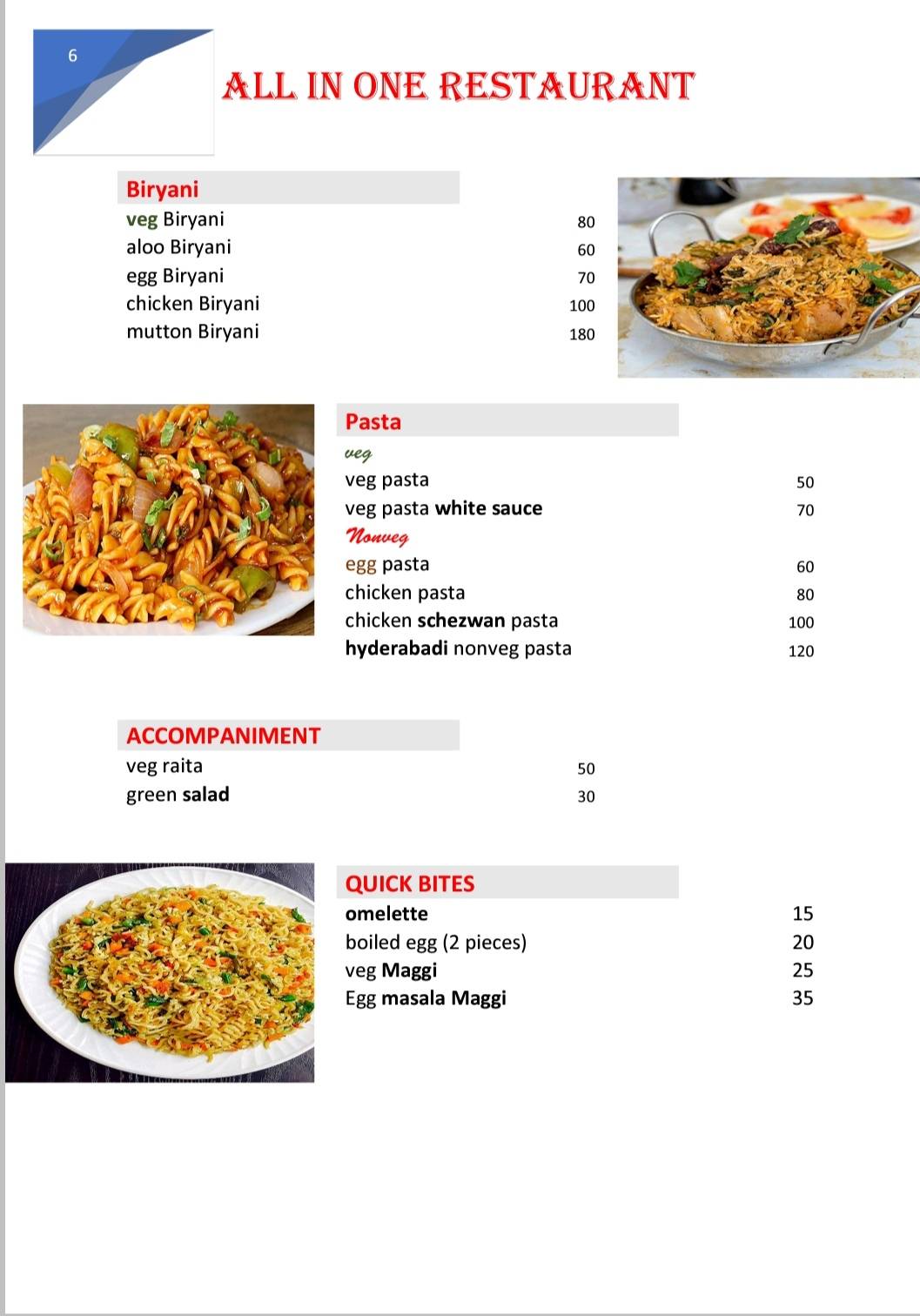 Menu at ALL IN ONE RESTAURANT, Kolkata, Tarulia 1st Ln