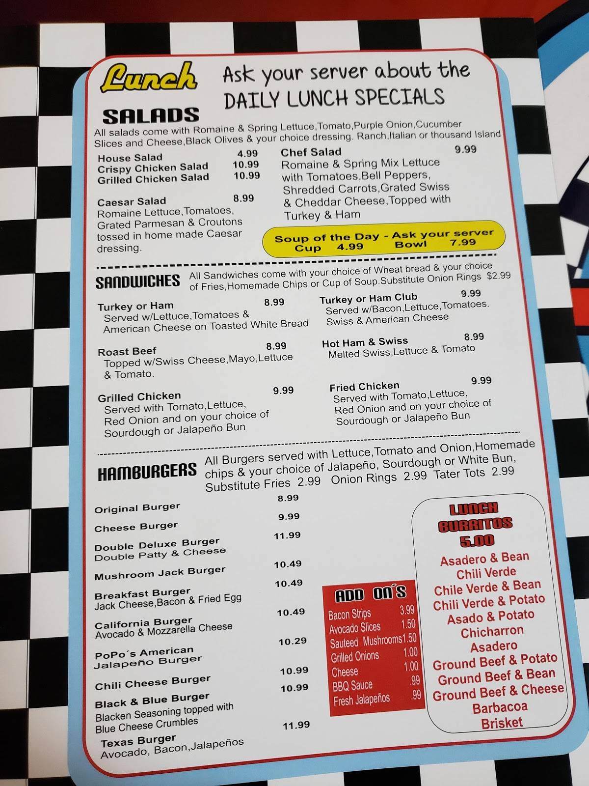 Menu at Addie's Diner restaurant, Midland