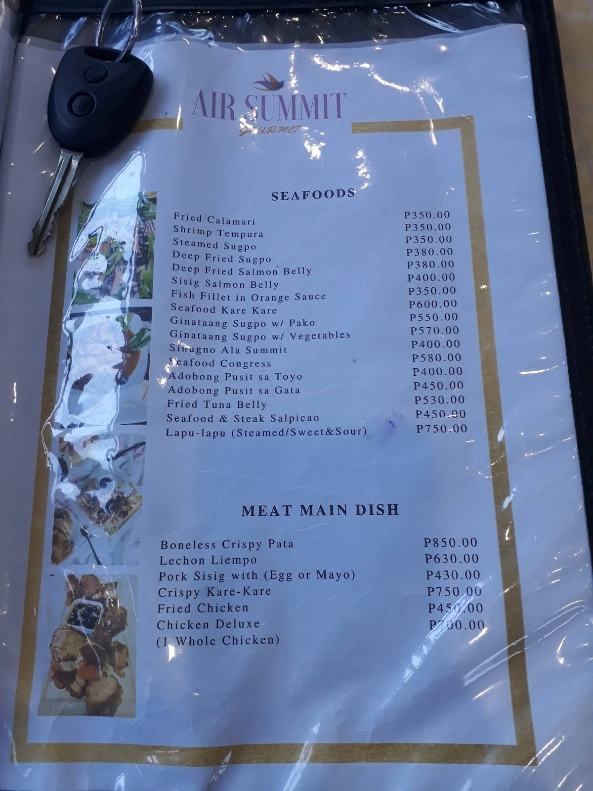 Menu at Air Summit Gourmet restaurant, Tayabas, 3H59+GWP