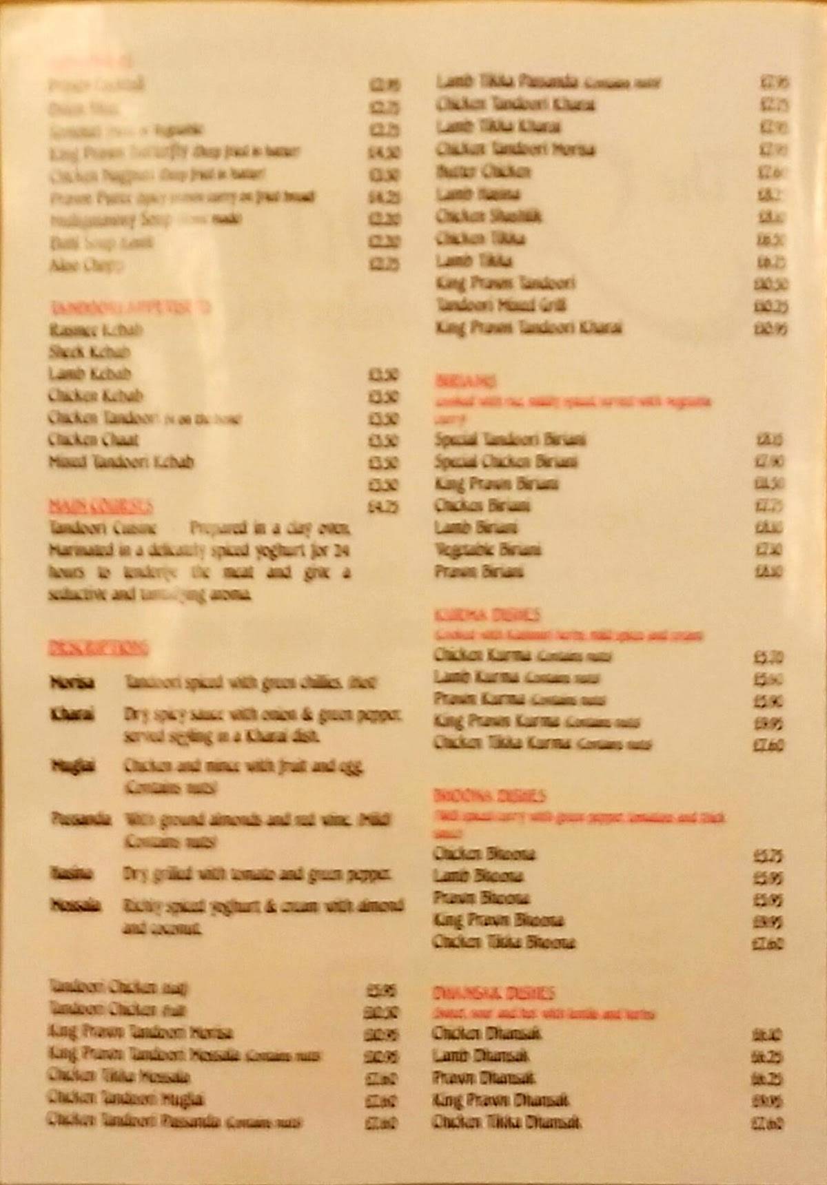 Menu at Akbar Tandoori, Eaton Socon