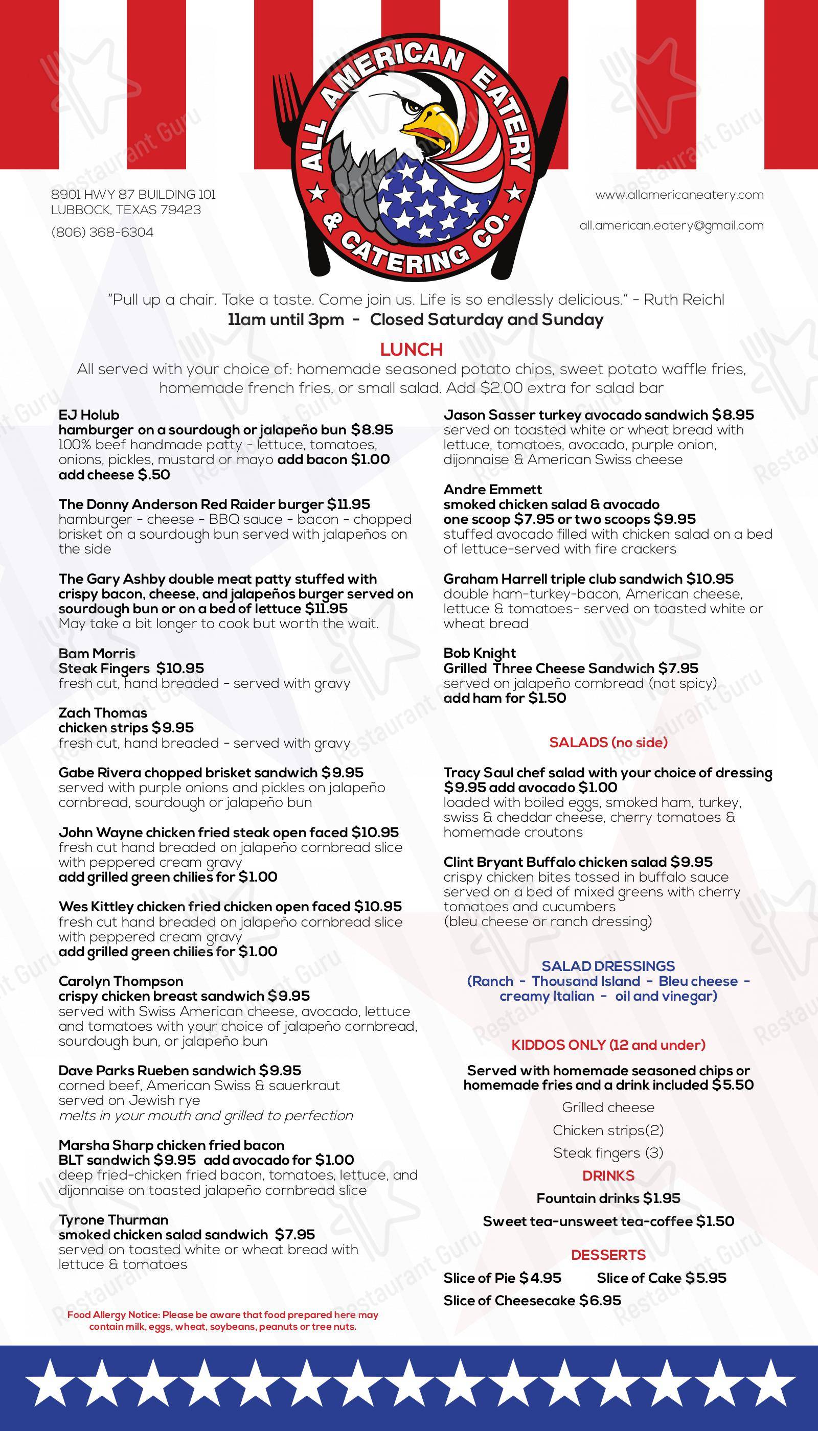 Menu at All American Eatery & Catering Co. restaurant, Lubbock