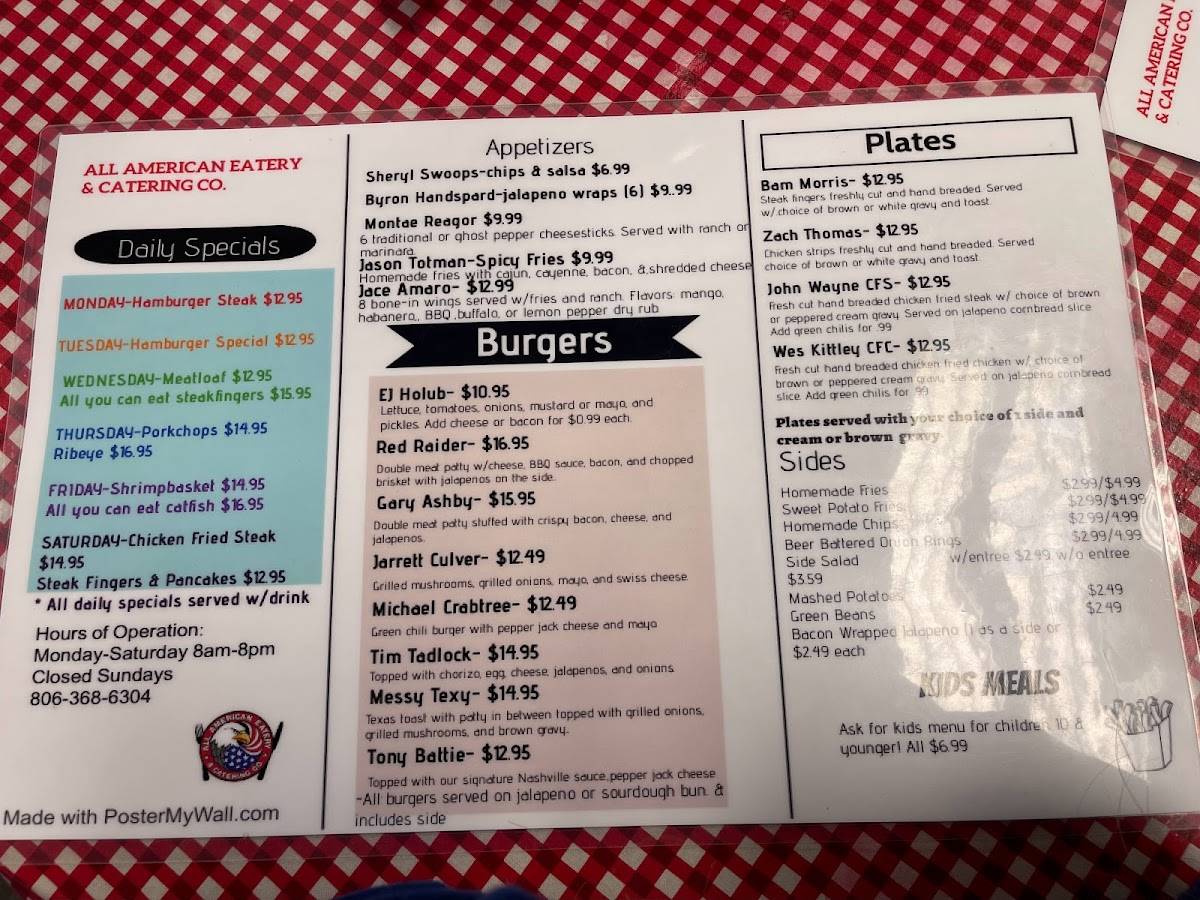 Menu at All American Eatery & Catering Co. restaurant, Lubbock