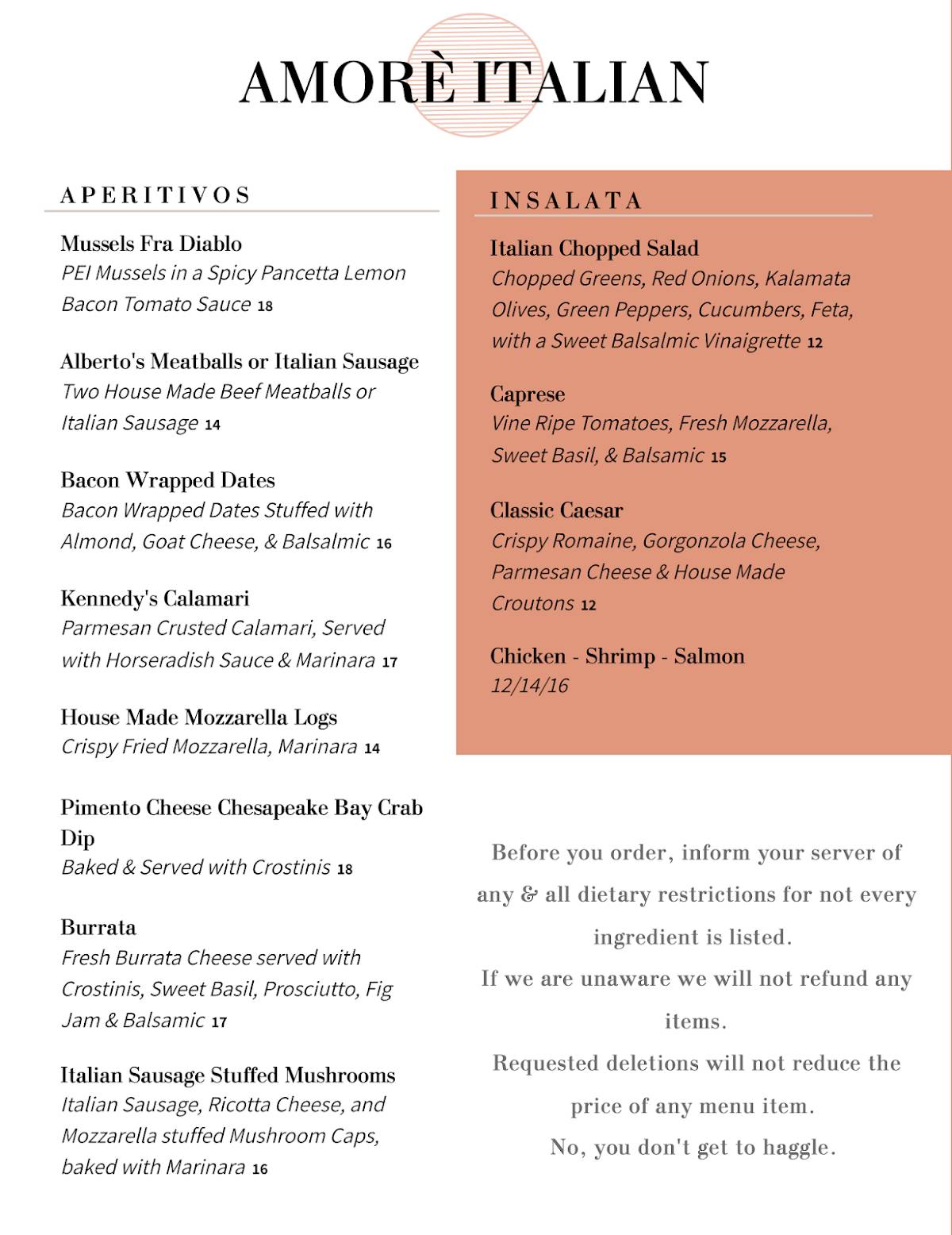 Menu at Amore Fine Italian Ristorante restaurant, Floyds Knobs