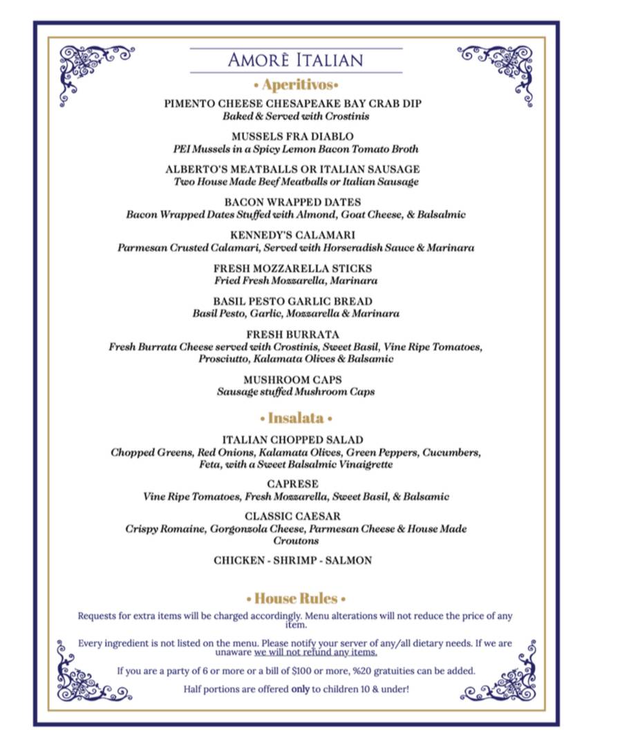 Menu at Amore Fine Italian Ristorante restaurant, Floyds Knobs