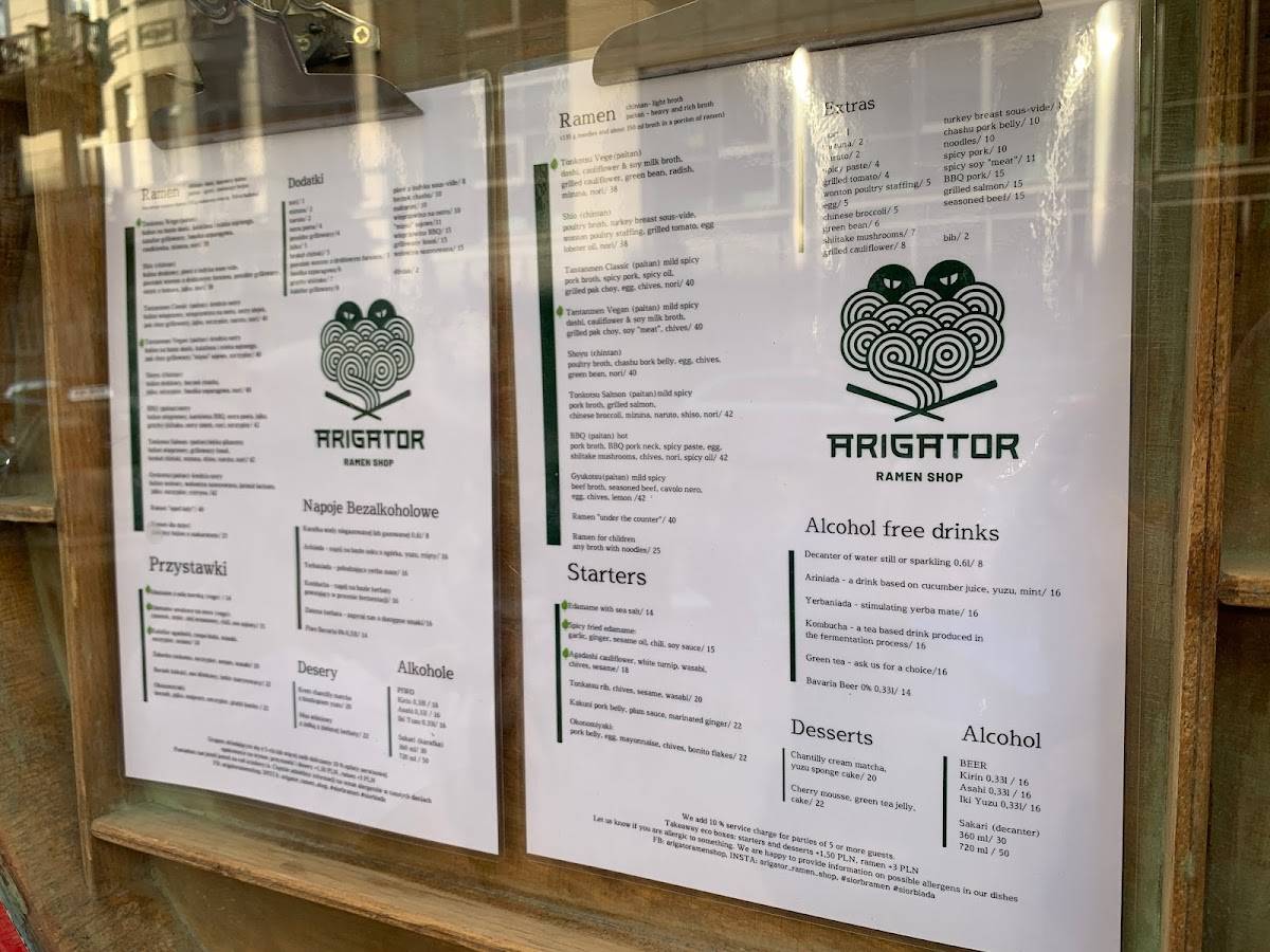 Menu at Arigator Ramen Shop restaurant, Warsaw
