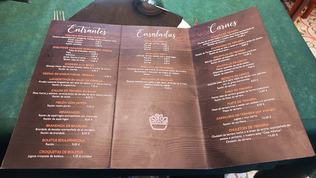 Menu at Asador Casa Alfonso restaurant, San Vitero