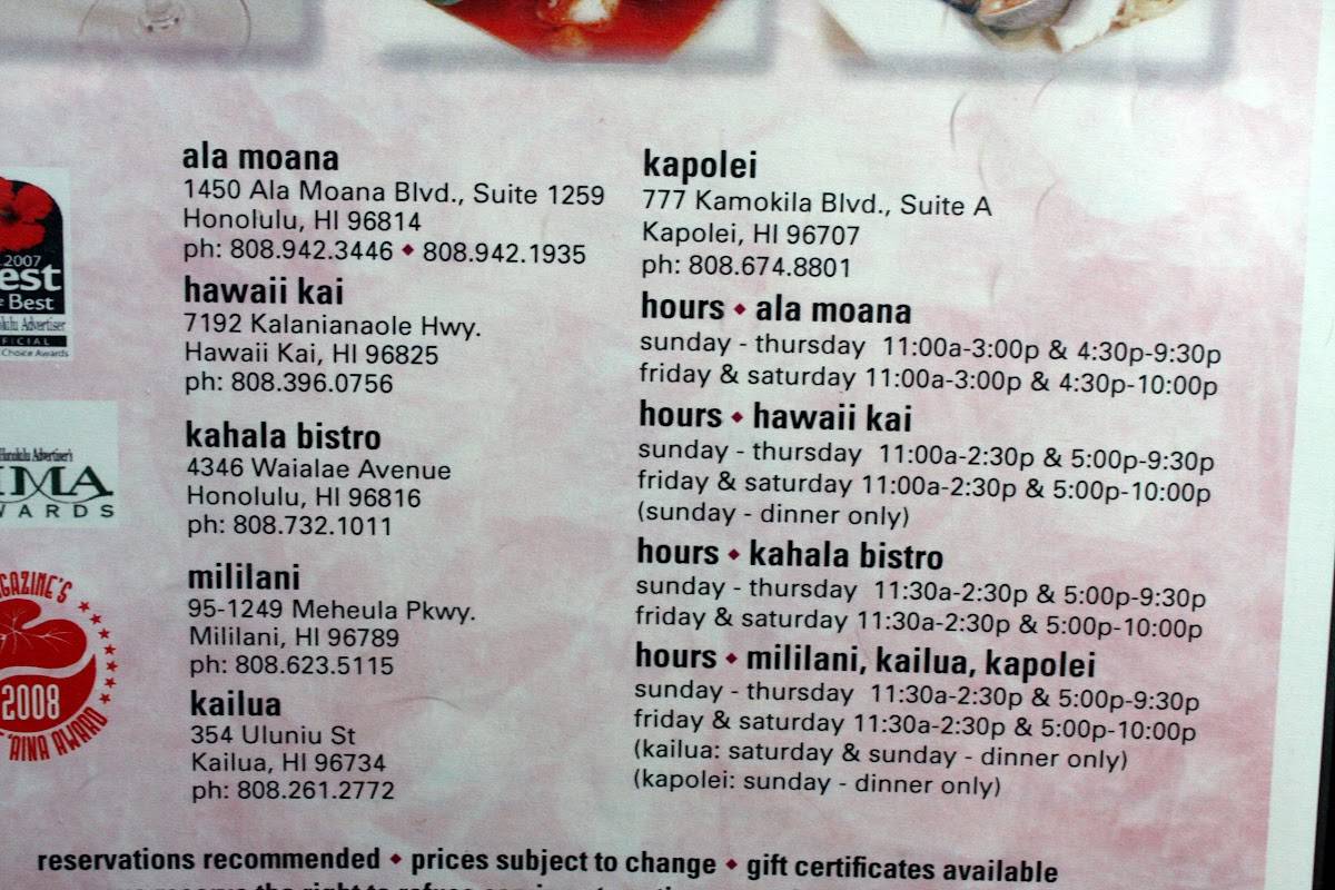 Menu at Assaggio Kailua restaurant, Kailua, 354 Uluniu St #101