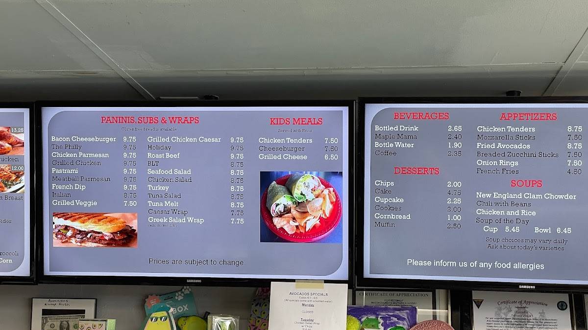 Menu at Avocados restaurant, Bourne