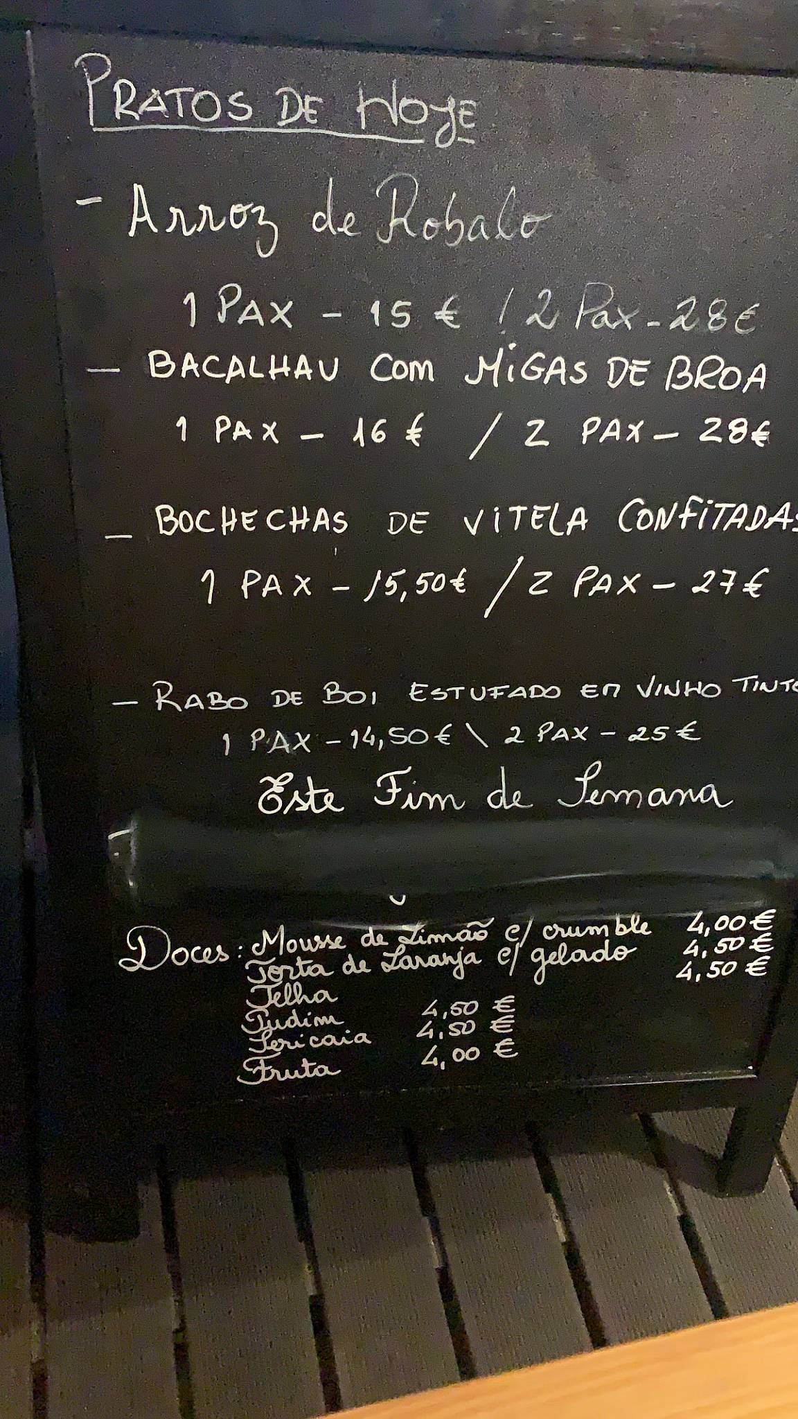 Menu at BRAC restaurant, Braga