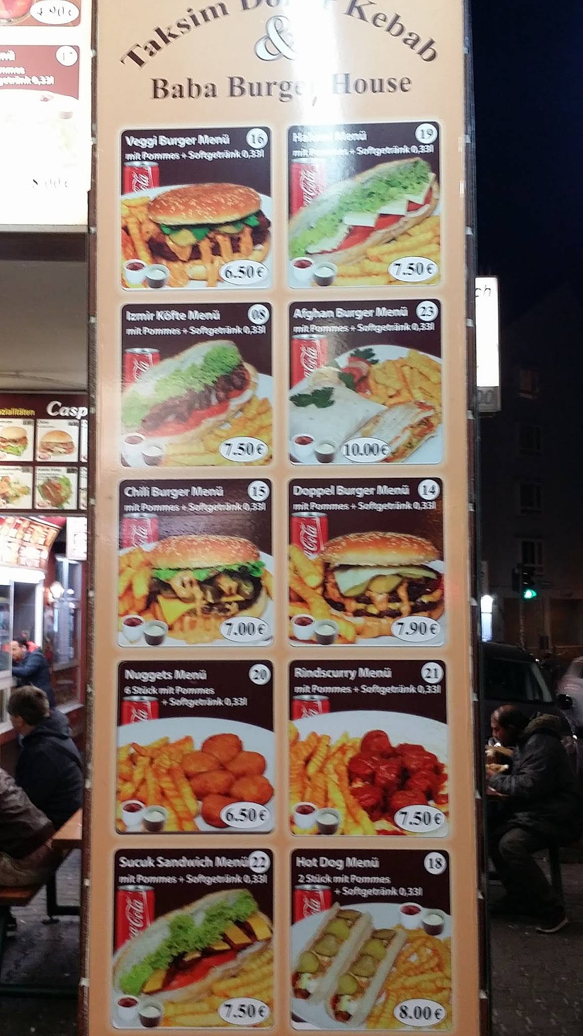Menu at Baba Burger restaurant, Frankfurt