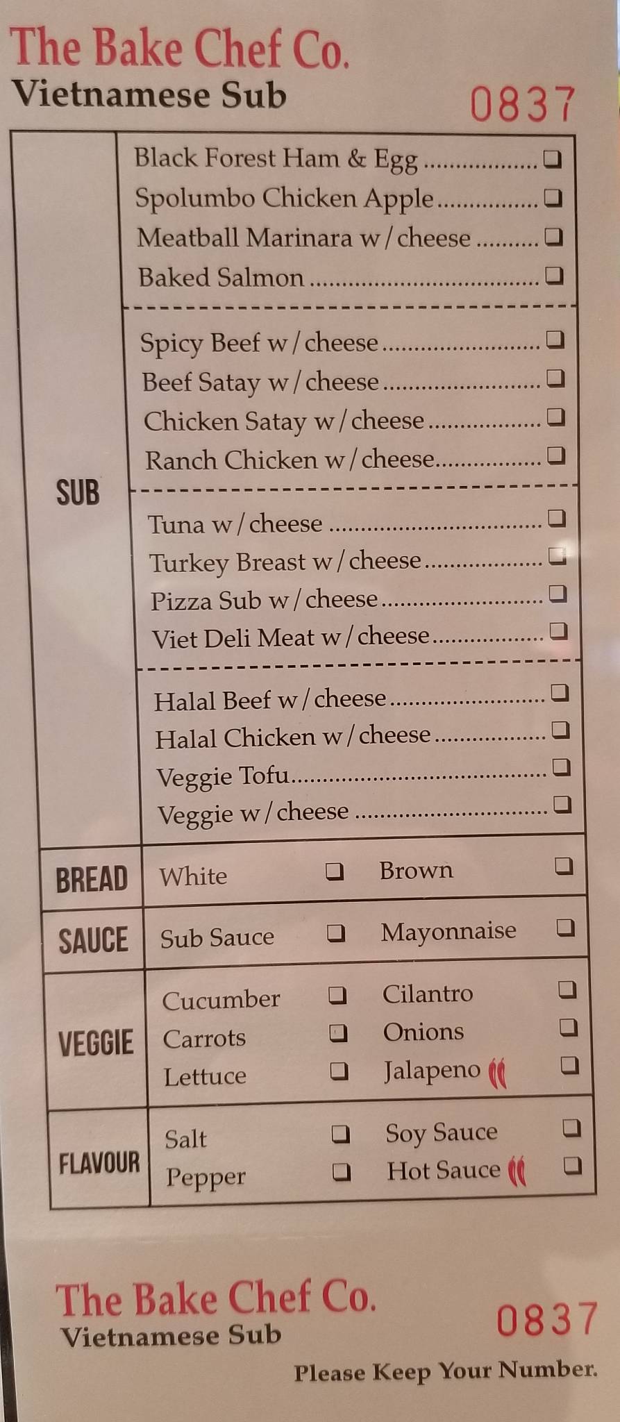 Menu at Bake Chef Co. restaurant, Calgary
