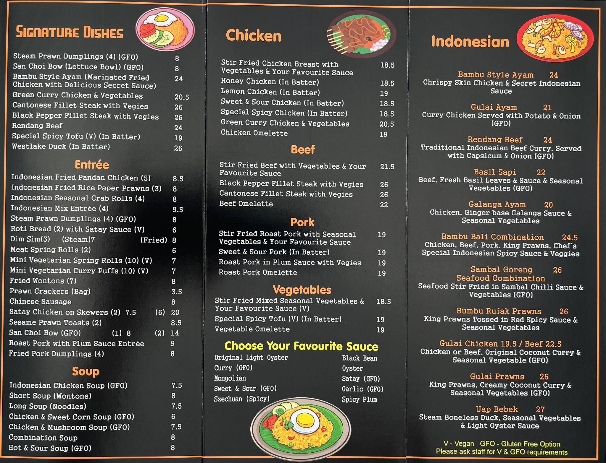 Menu at Bambu Bali restaurant, Mount Evelyn