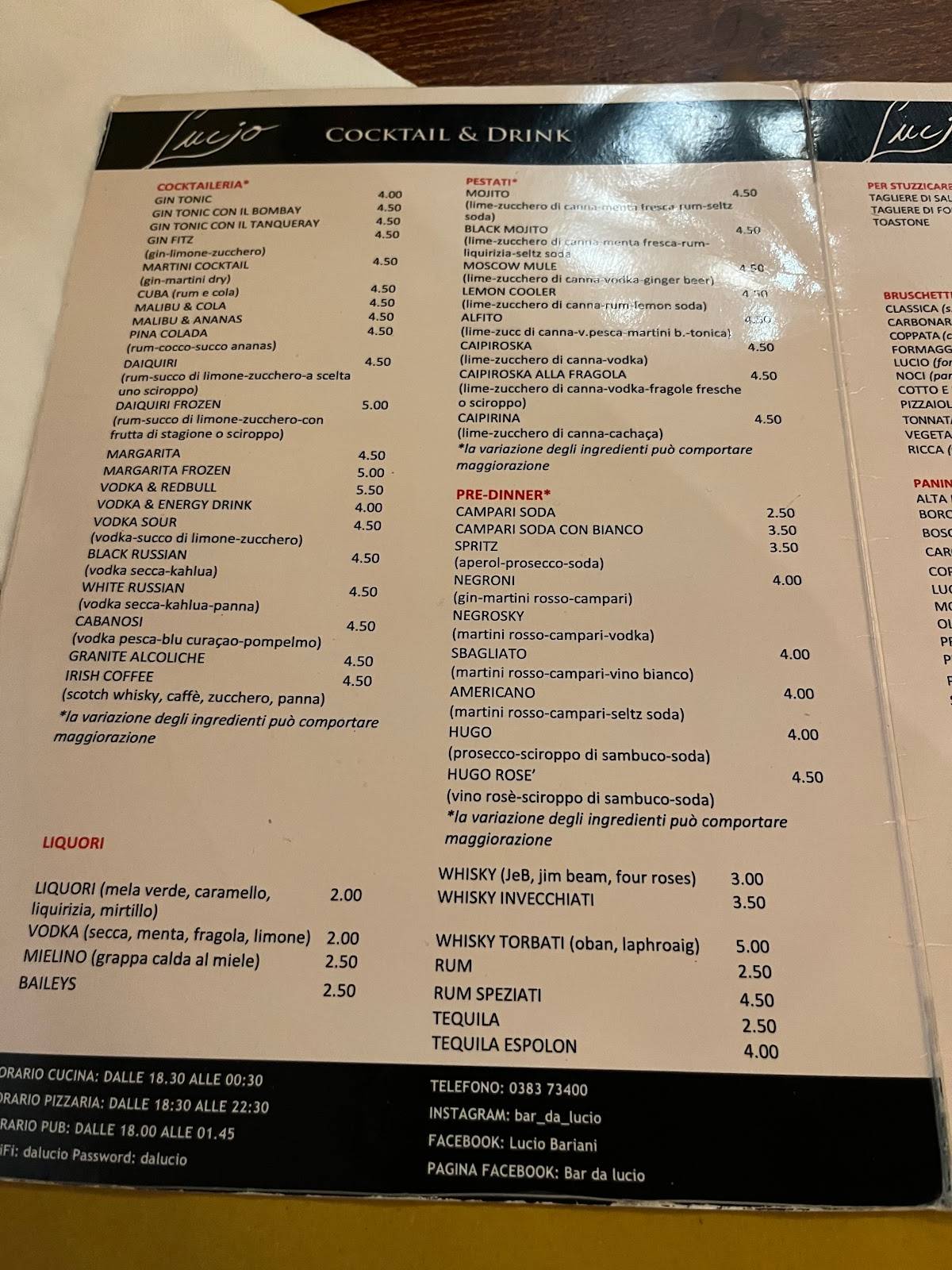 Menu da Bar Da Lucio, Codevilla