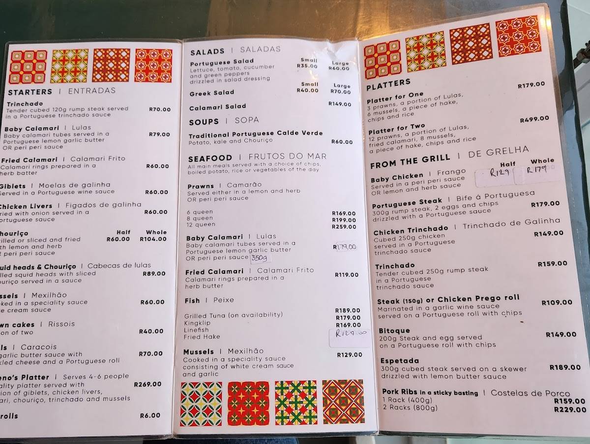 Menu at Beira Mar Portuguese Restaurant, Cape Town