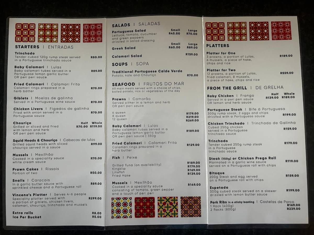 Menu at Beira Mar Portuguese Restaurant, Cape Town