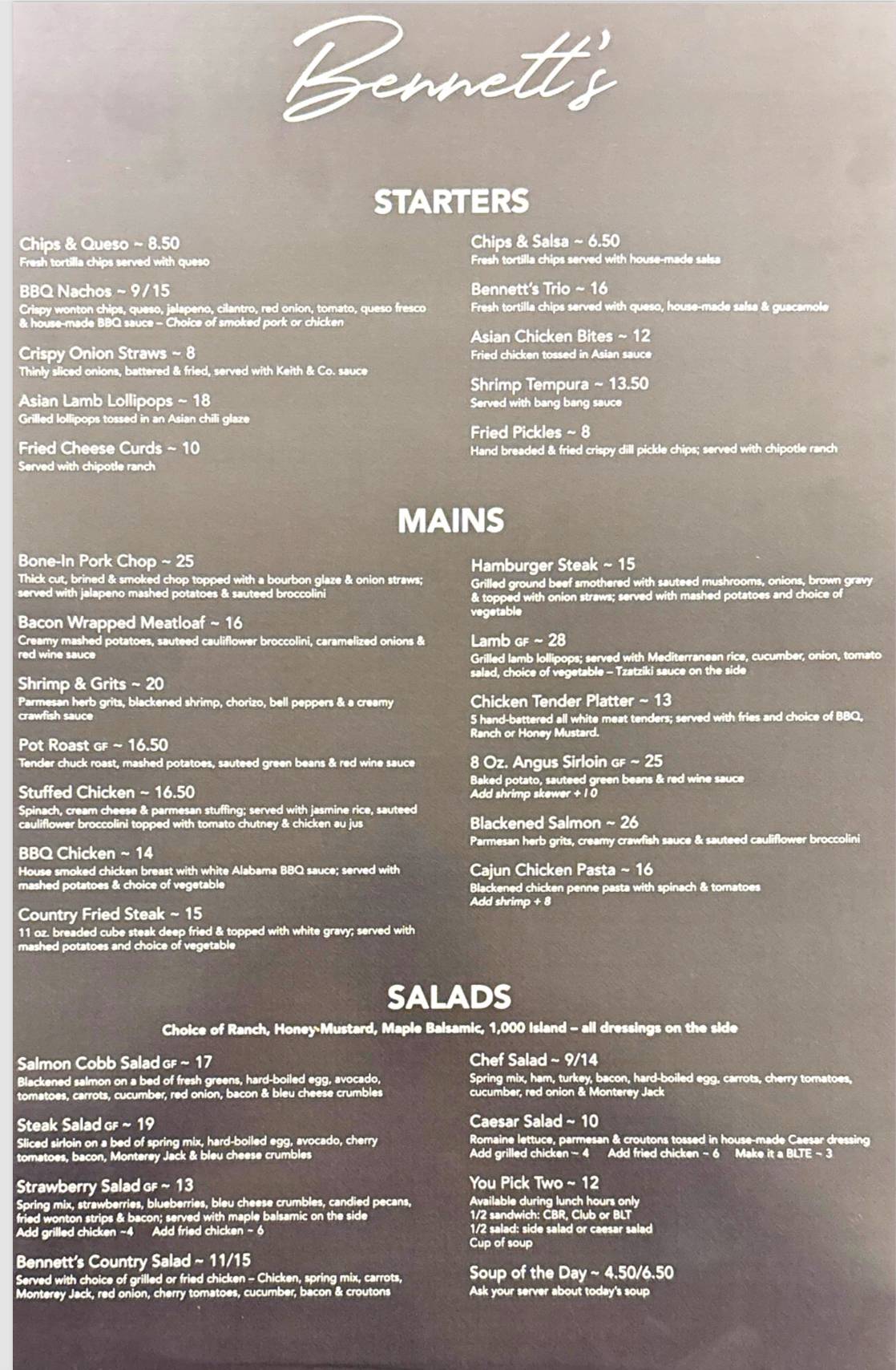 Menu at Bennett’s Casual Dining restaurant, Sherwood