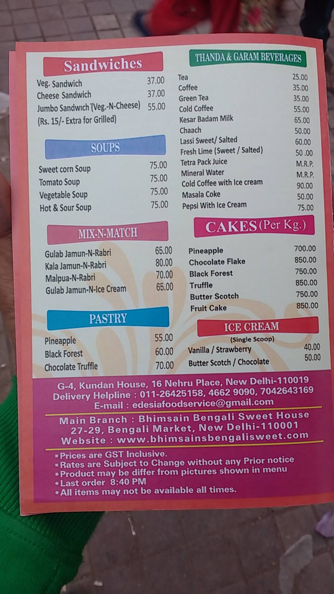Menu at Bhimsain's Bengali Sweet House, New Delhi, G4 House