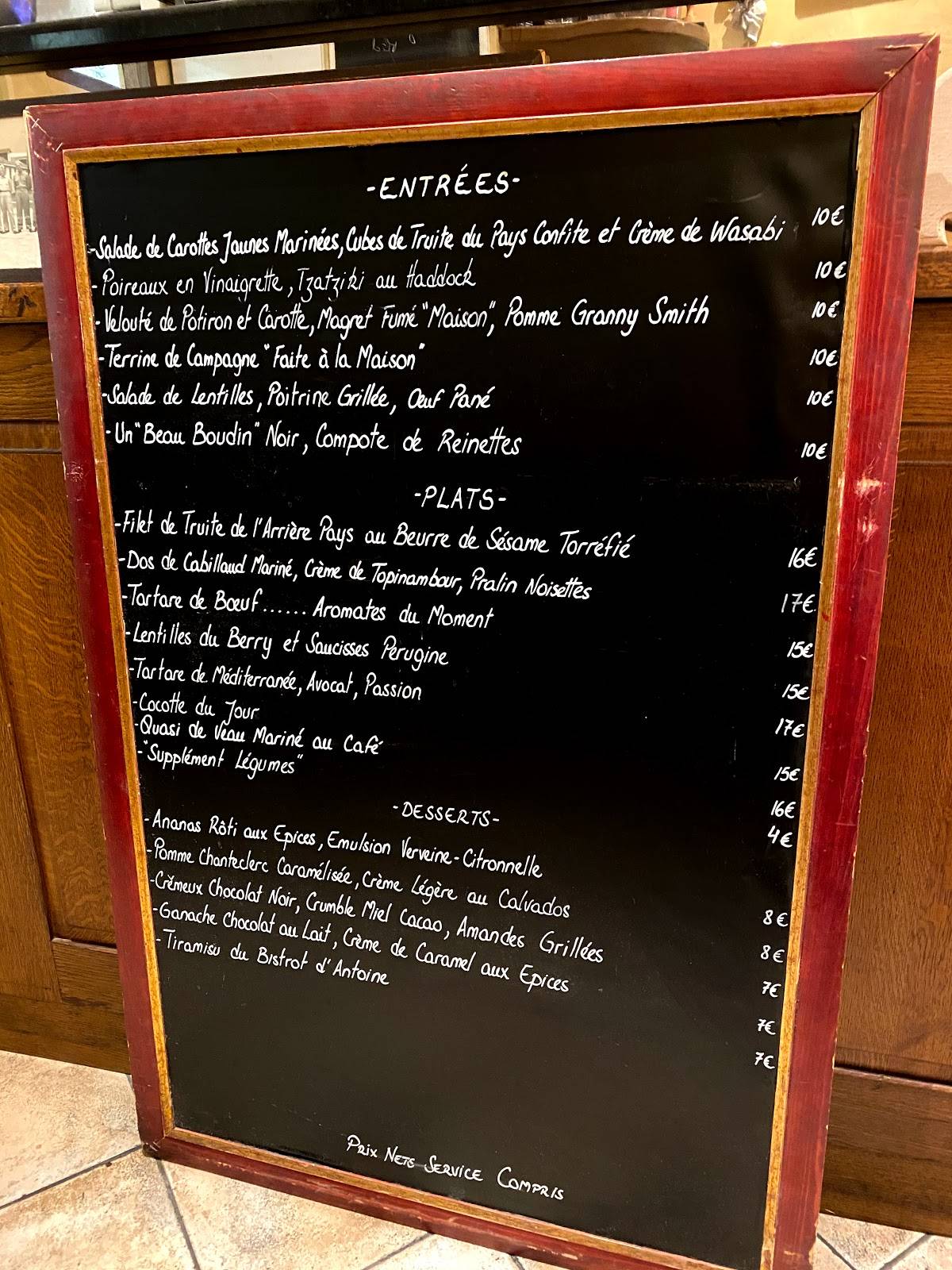 Menu at Bistrot d'Antoine restaurant, Nice