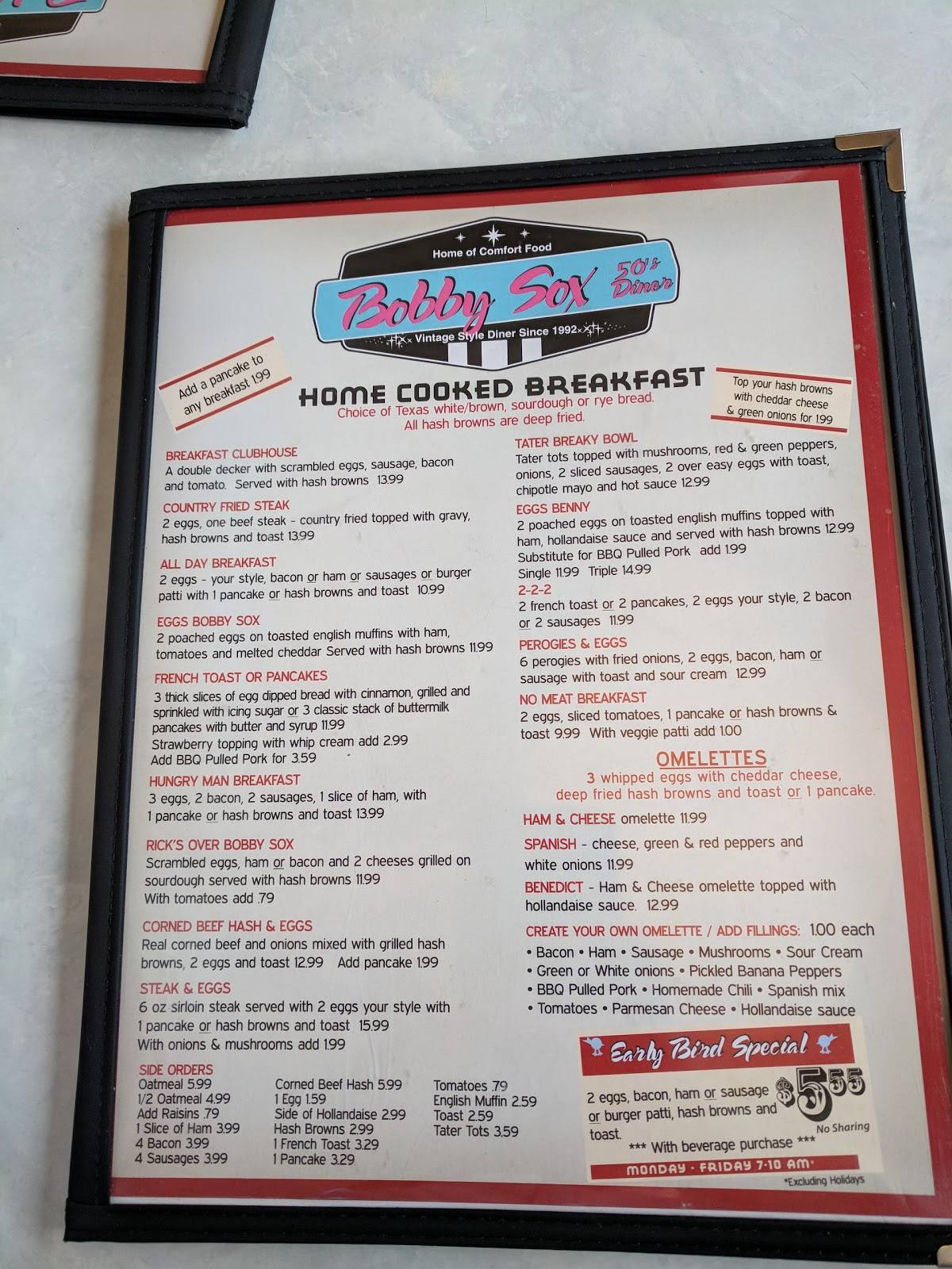Menu at Bobby Sox 50's Diner restaurant, Maple Ridge
