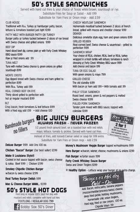 Menu at Bobby Sox 50's Diner restaurant, Maple Ridge