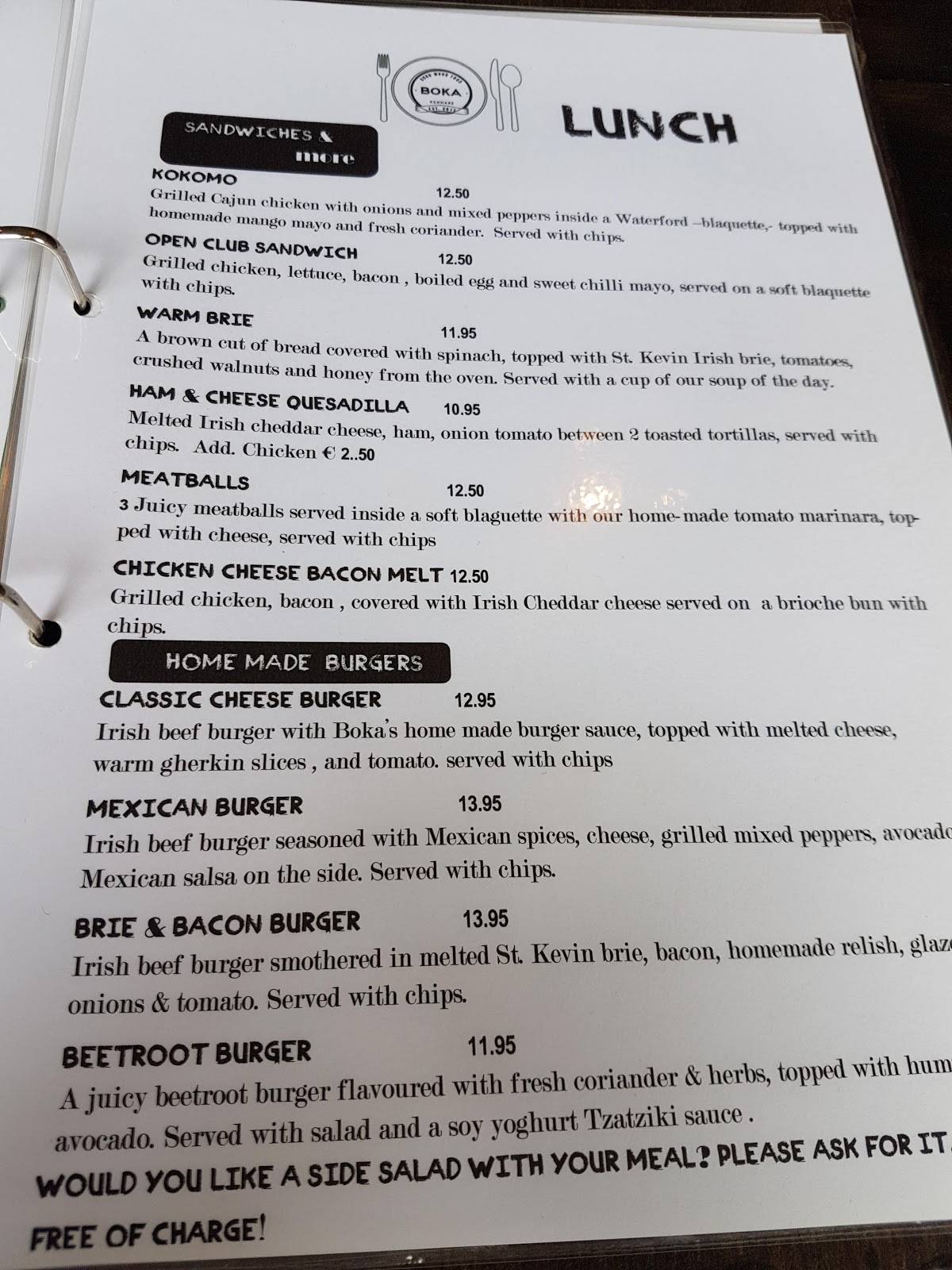 Menu at Boka restaurant, Kenmare, 17 Henry St