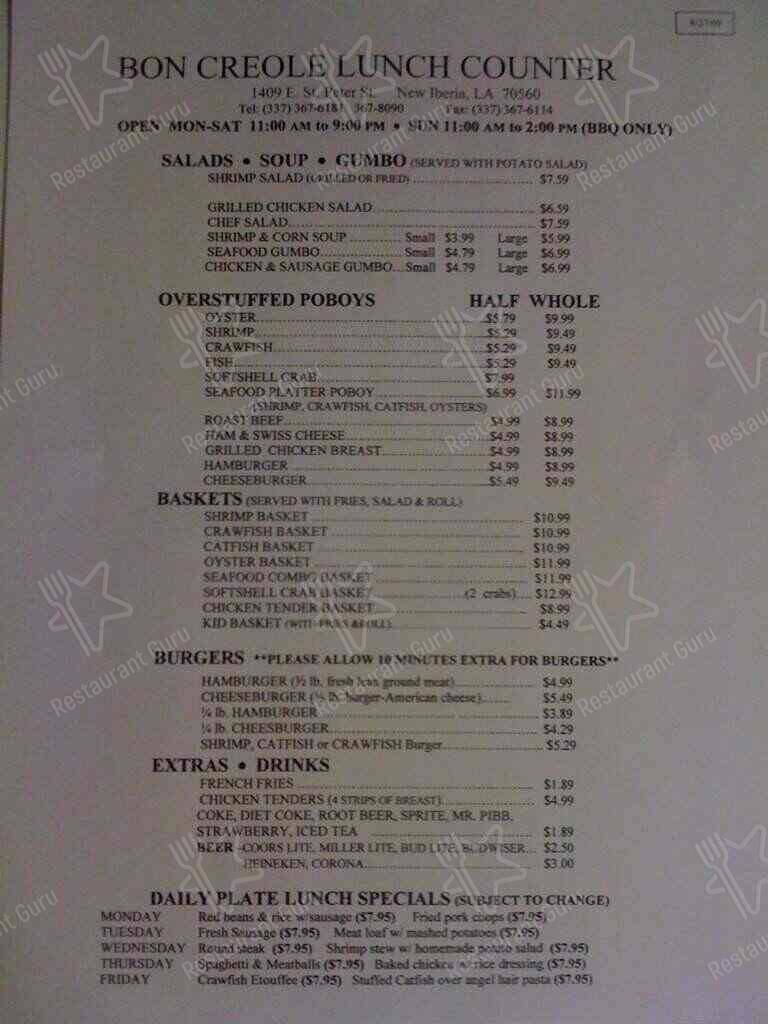 Menu at Bon Creole restaurant, New Iberia