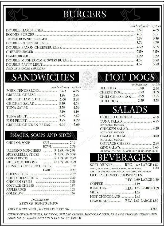 Menu at Bonnie Doon Drive-In restaurant, Mishawaka