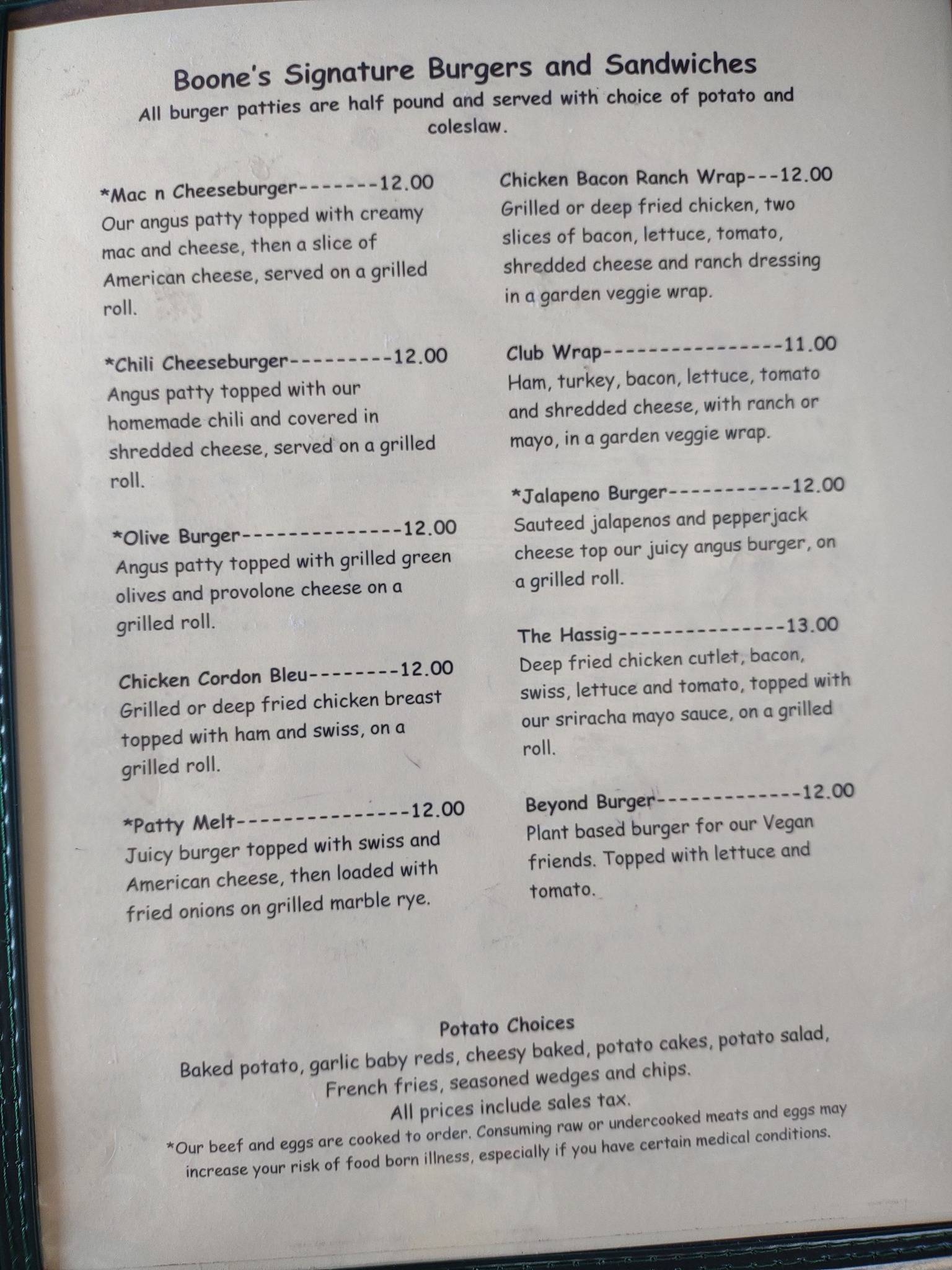 Menu at Boone's Saloon restaurant, Wisconsin Rapids