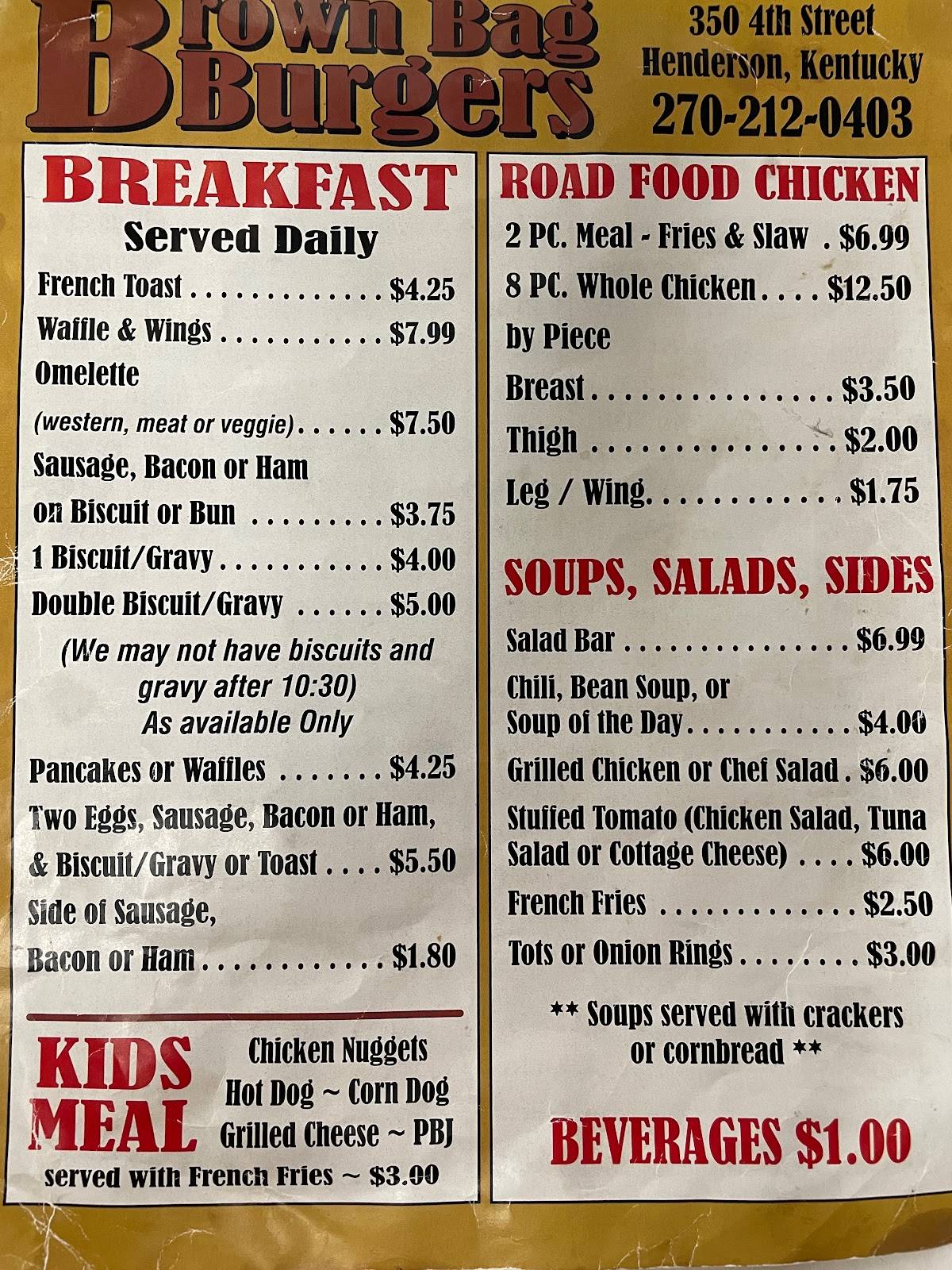 Menu at Brown Bag Burgers restaurant, Henderson