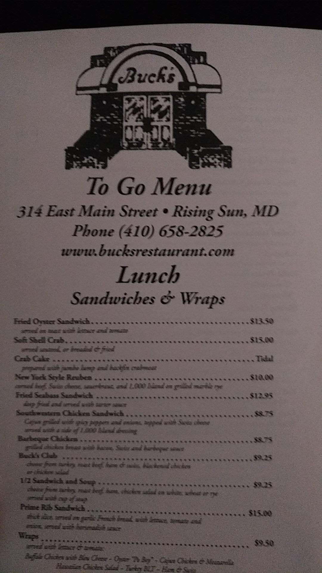 Menu at Buck's Restaurant and Tavern, Rising Sun